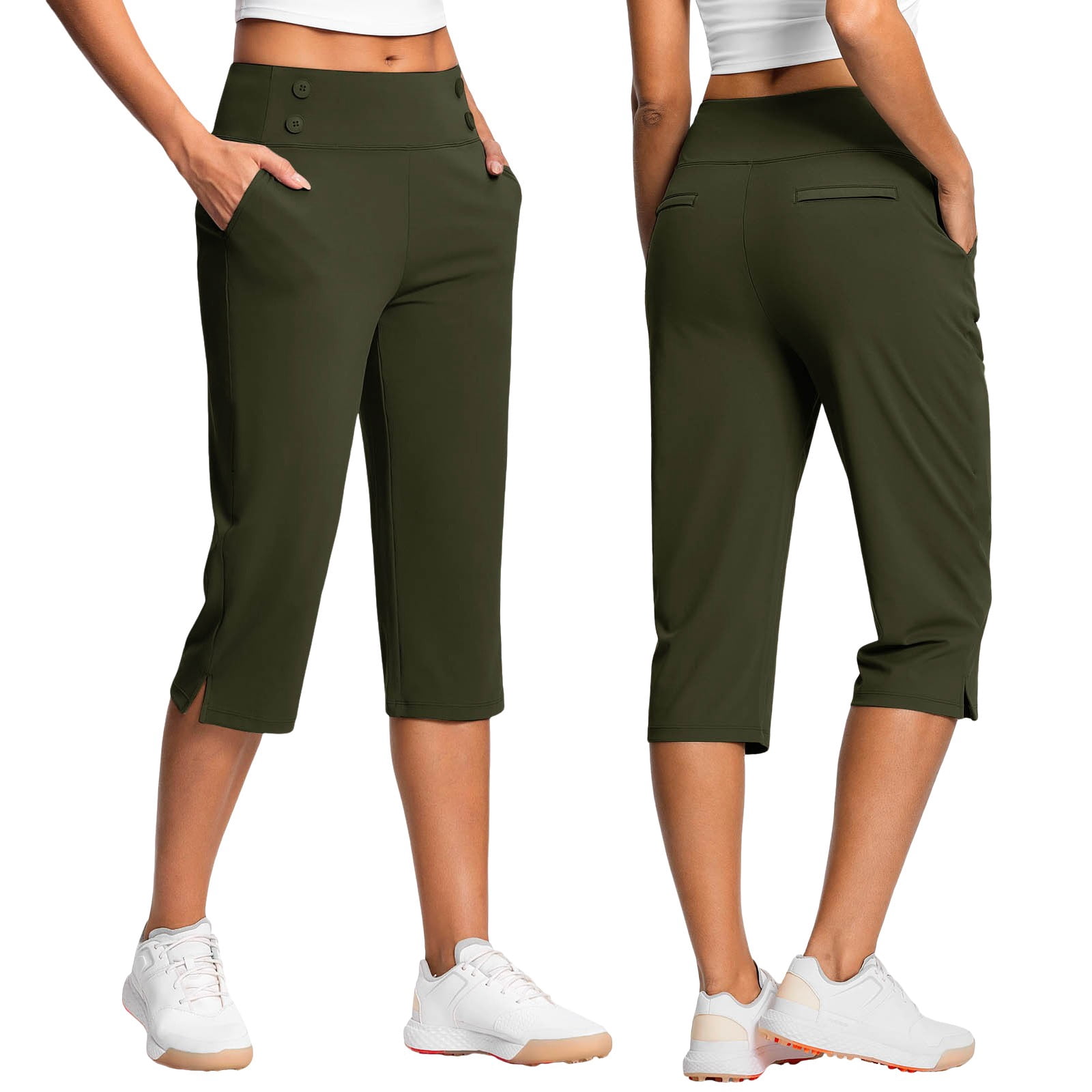 Womens Pull on Capri Pants with 4 Pockets Wide Waistband High Waisted ...