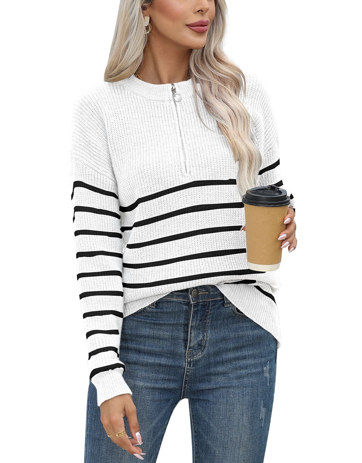 Womens Pullover Sweater Zip Down Casual Loose Sweaters Stripe Print ...