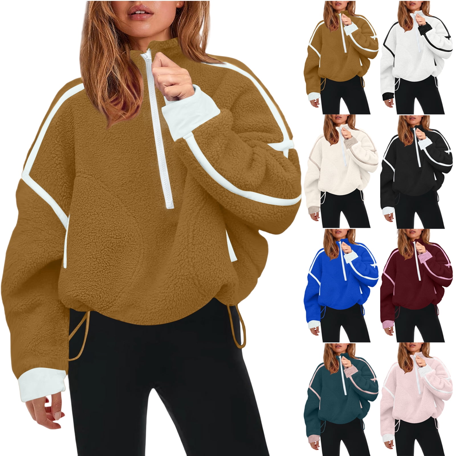 Womens Quarter Zip Pullover Sherpa Fleece Jacket Oversized Sweatshirt ...