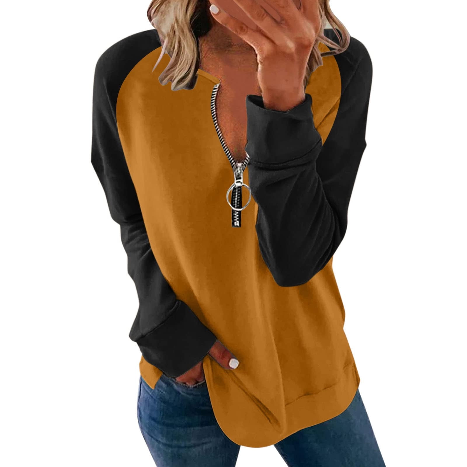 Womens Quarter Zip V Neck Long Sleeve Sweatshirts Color Block Casual ...