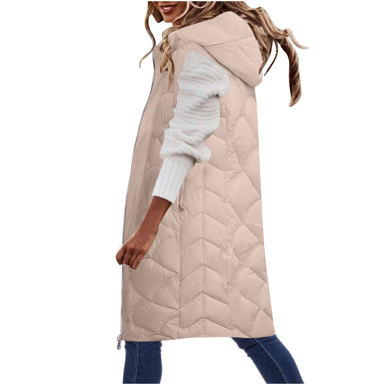 Womens Quilted Long Puffer Vest Jacket with Hood, Sleeveless Winter ...