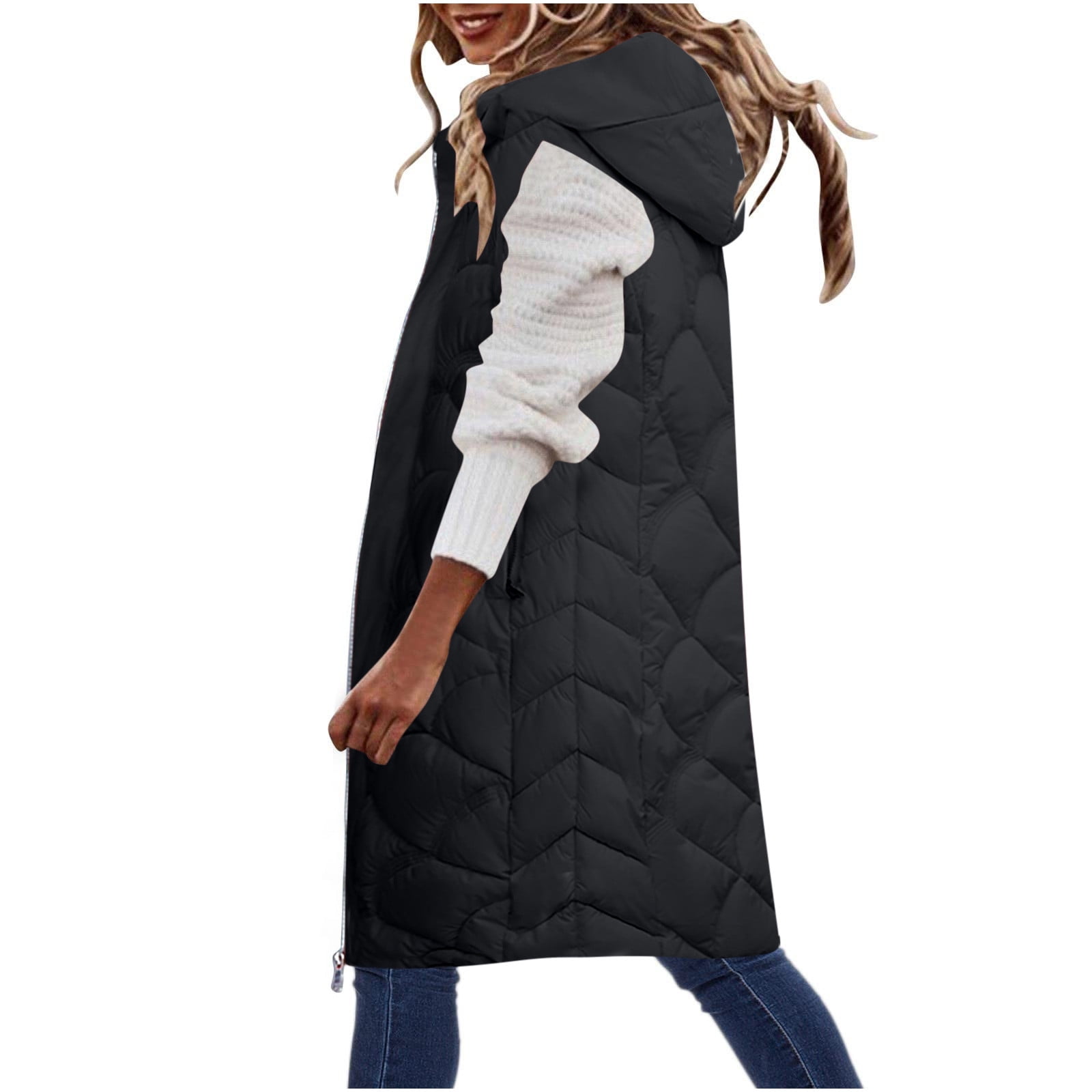 Womens Quilted Long Puffer Vest Jacket with Hood, Sleeveless Winter ...