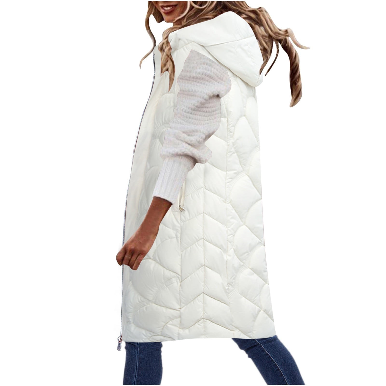 Womens Quilted Long Puffer Vest Jacket with Hood, Sleeveless Winter ...