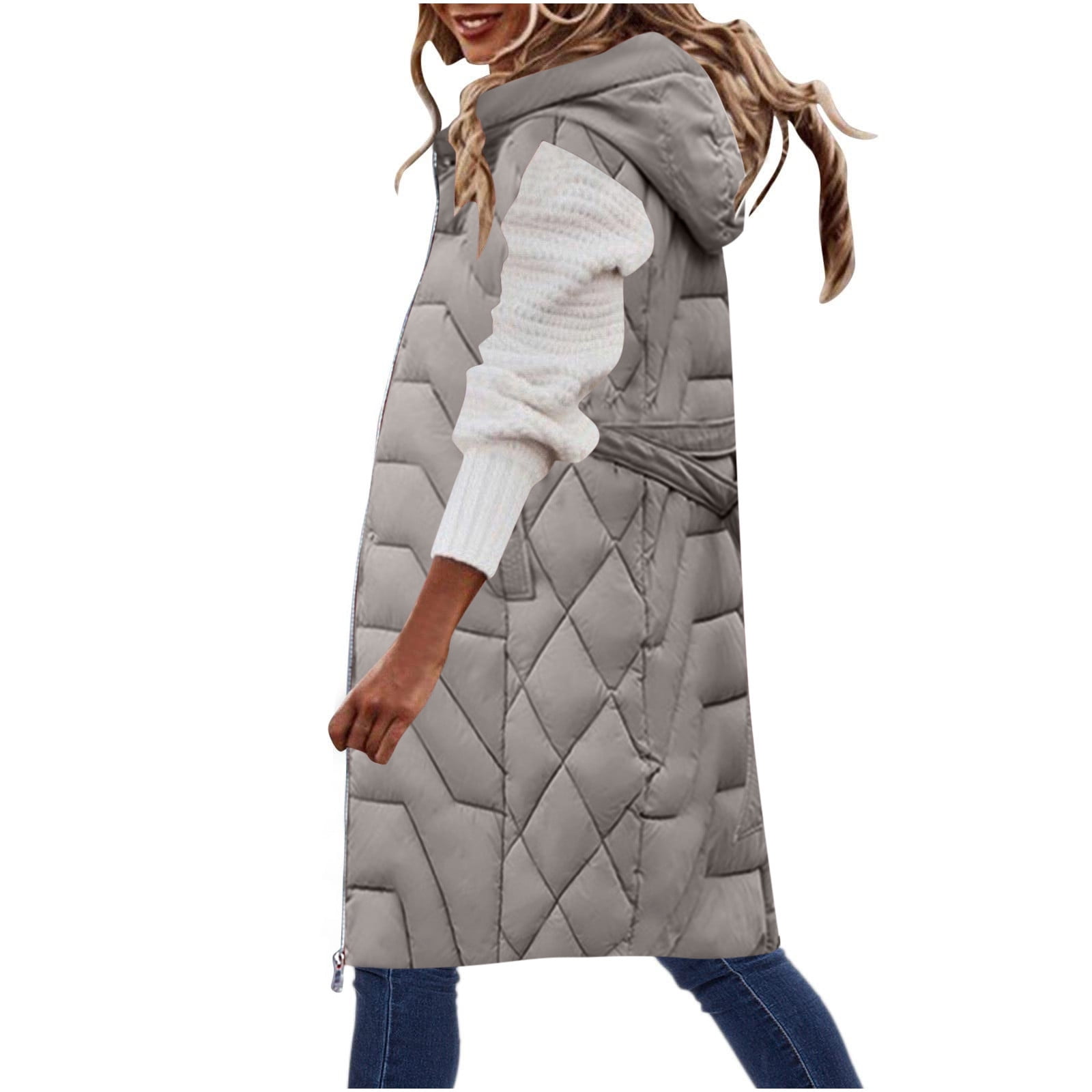 Womens Quilted Long Puffer Vest Jacket with Hood, Sleeveless Winter ...