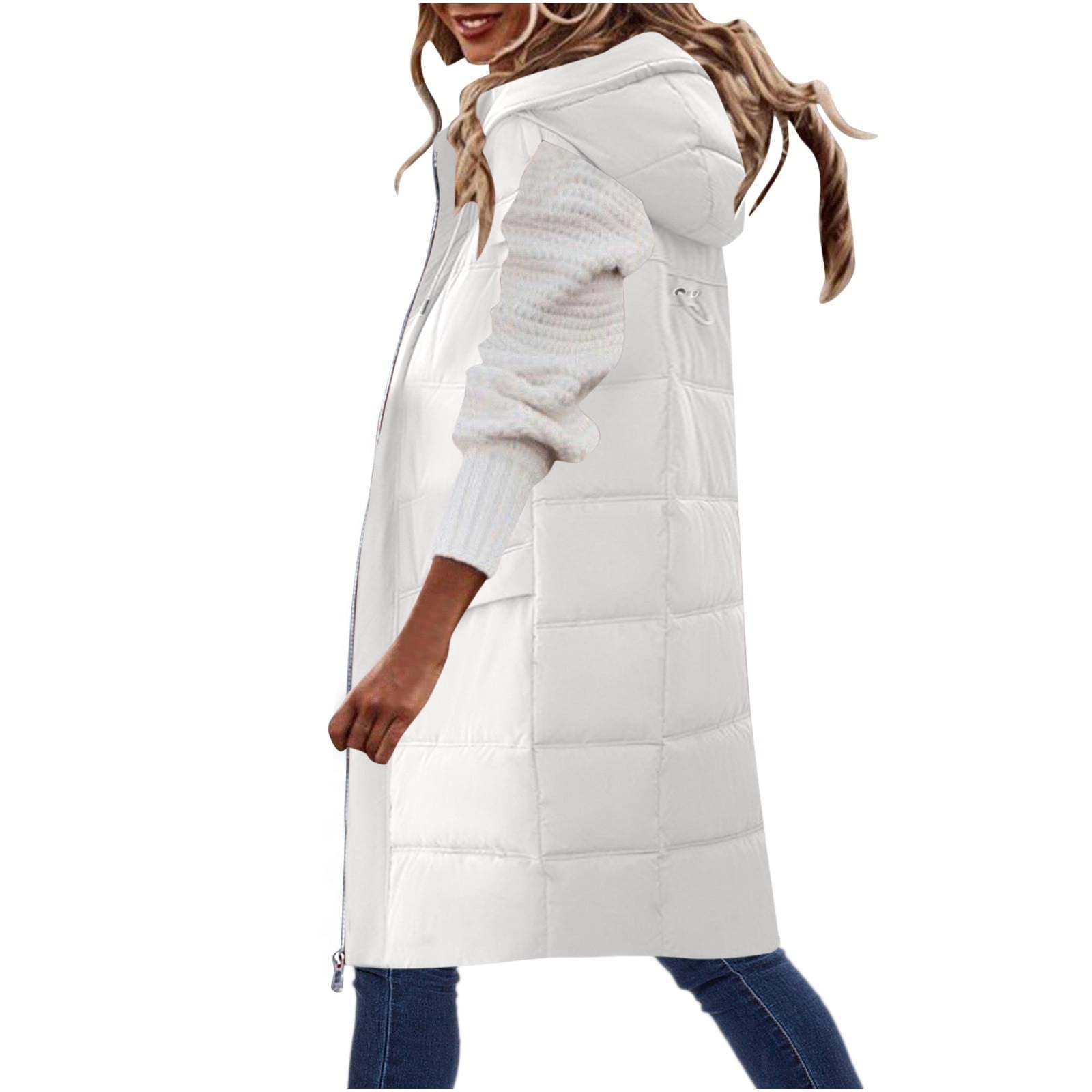 Womens Quilted Long Puffer Vest Jacket with Hood, Sleeveless Winter ...