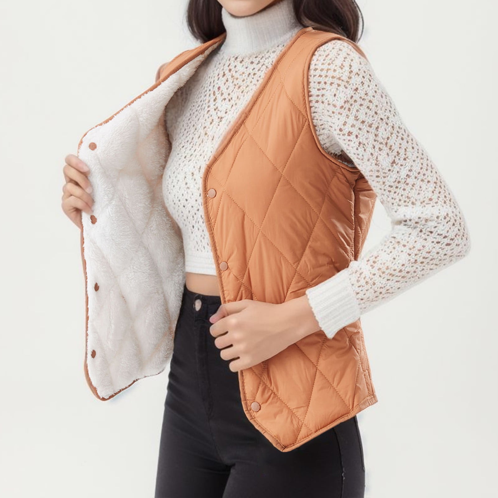 Womens Quilted Vest Stand Collar Lightweight Resin Button Vest Gilet ...
