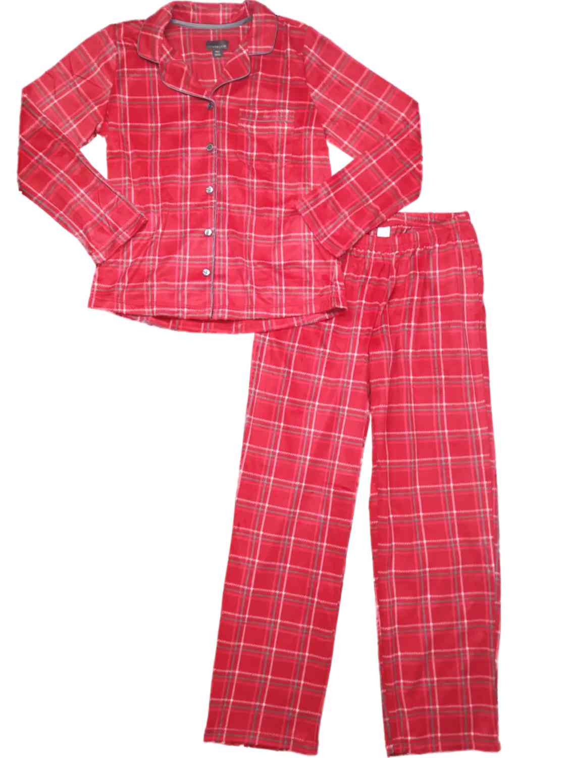 Womens Red Gray White Checkered Plaid Fleece Tartan Pajamas Notched ...