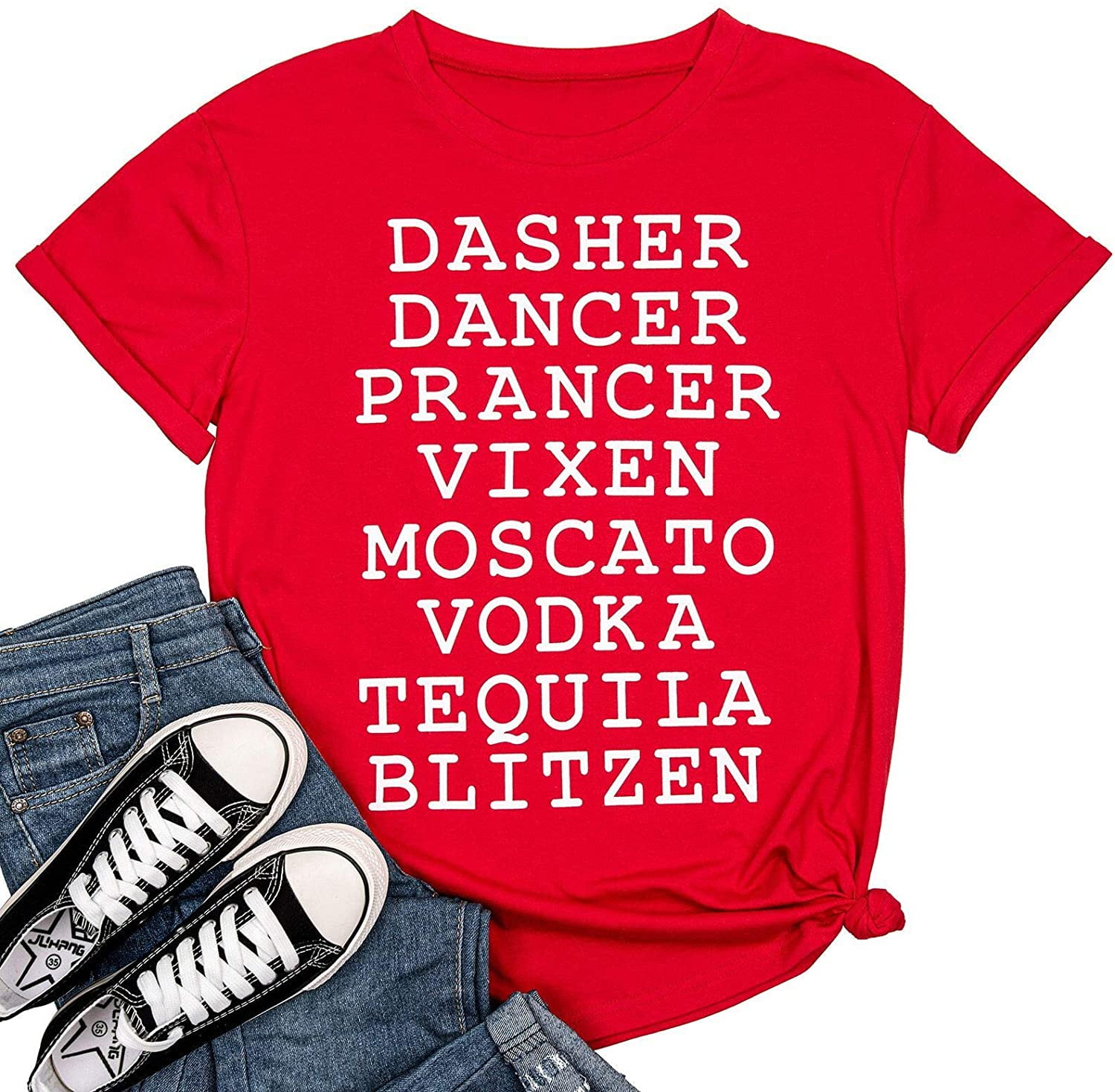 Womens Reindeer Drinking Christmas Shirts Dasher Dancer Prancer Vixen ...