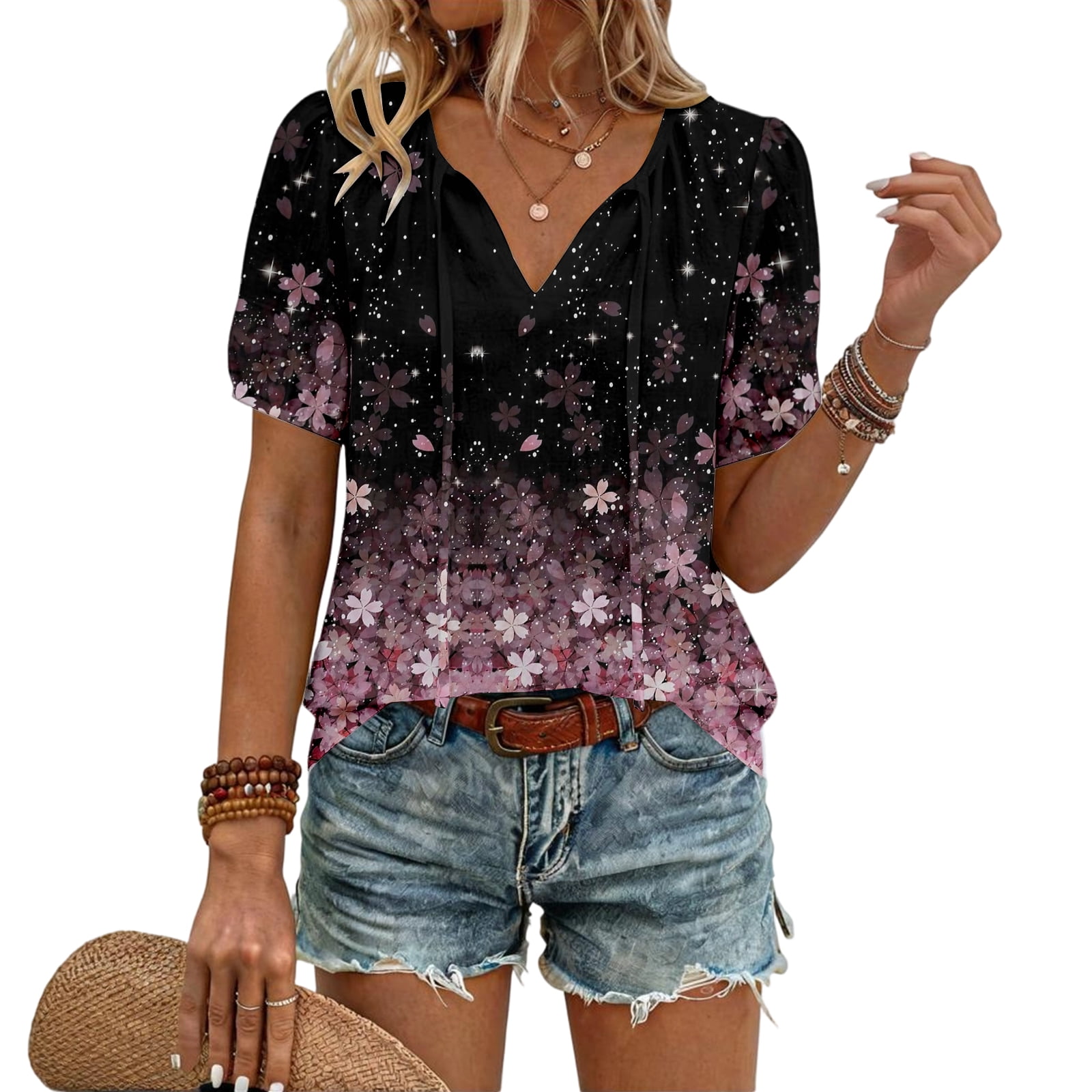 Womens Relaxed Fit Short Sleeve V Neck Top Boho Print Linen Look Summer ...