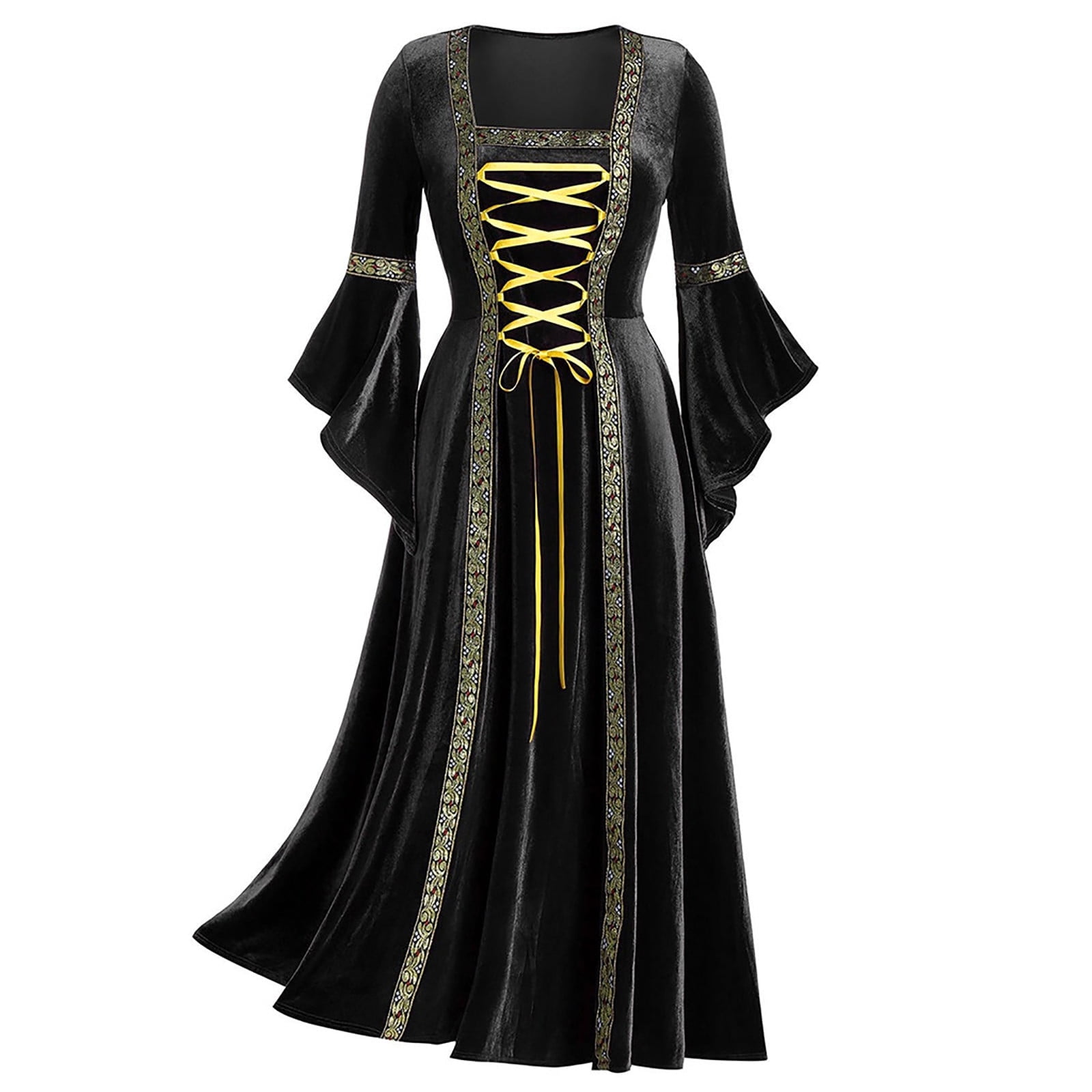 Womens Renaissance Medieval Dress Vintage Square Collar Lace Up Long