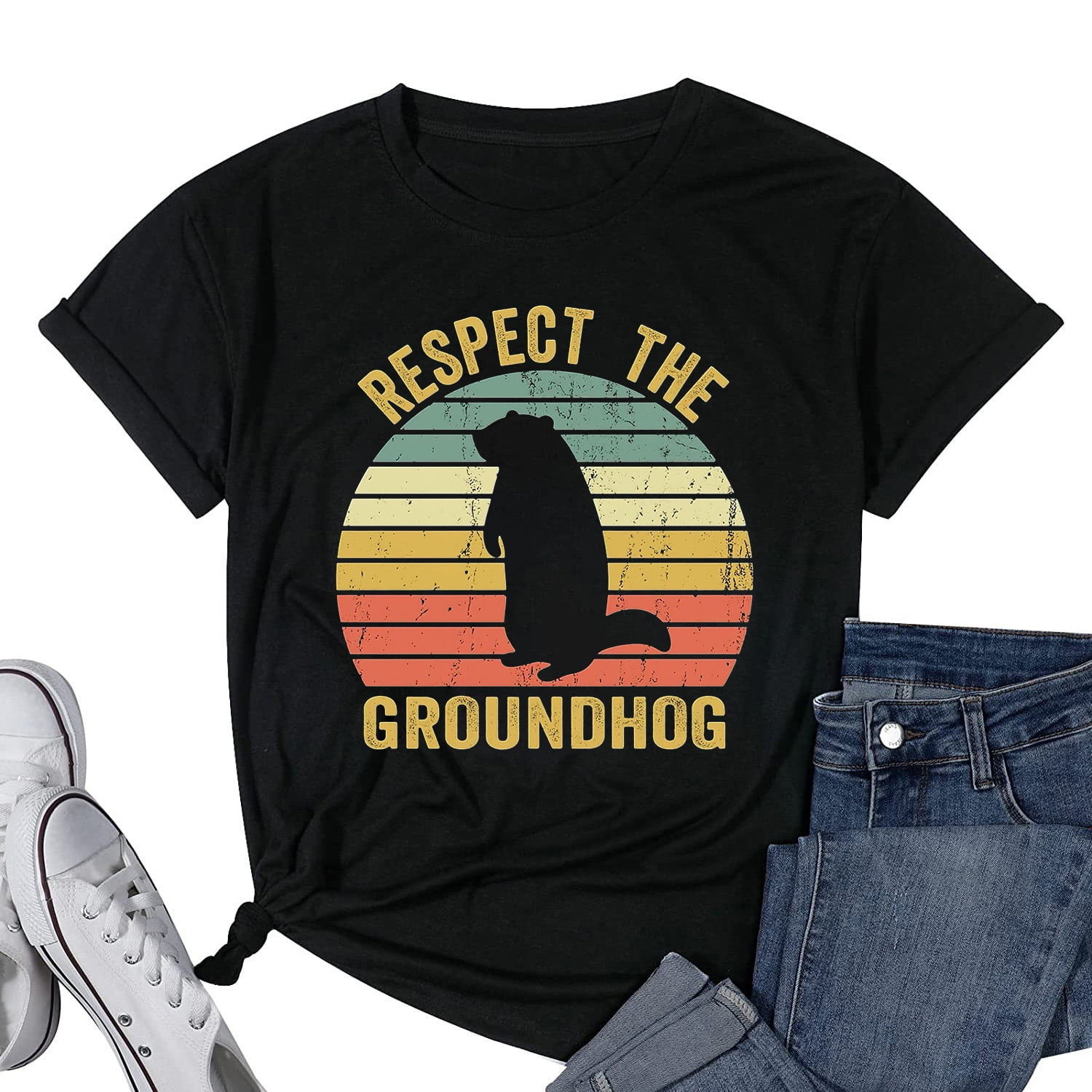 Womens Respect The Groundhog Day Funny Punxsutawney Cute Vintage Short Sleeve T-Shirt Black ...