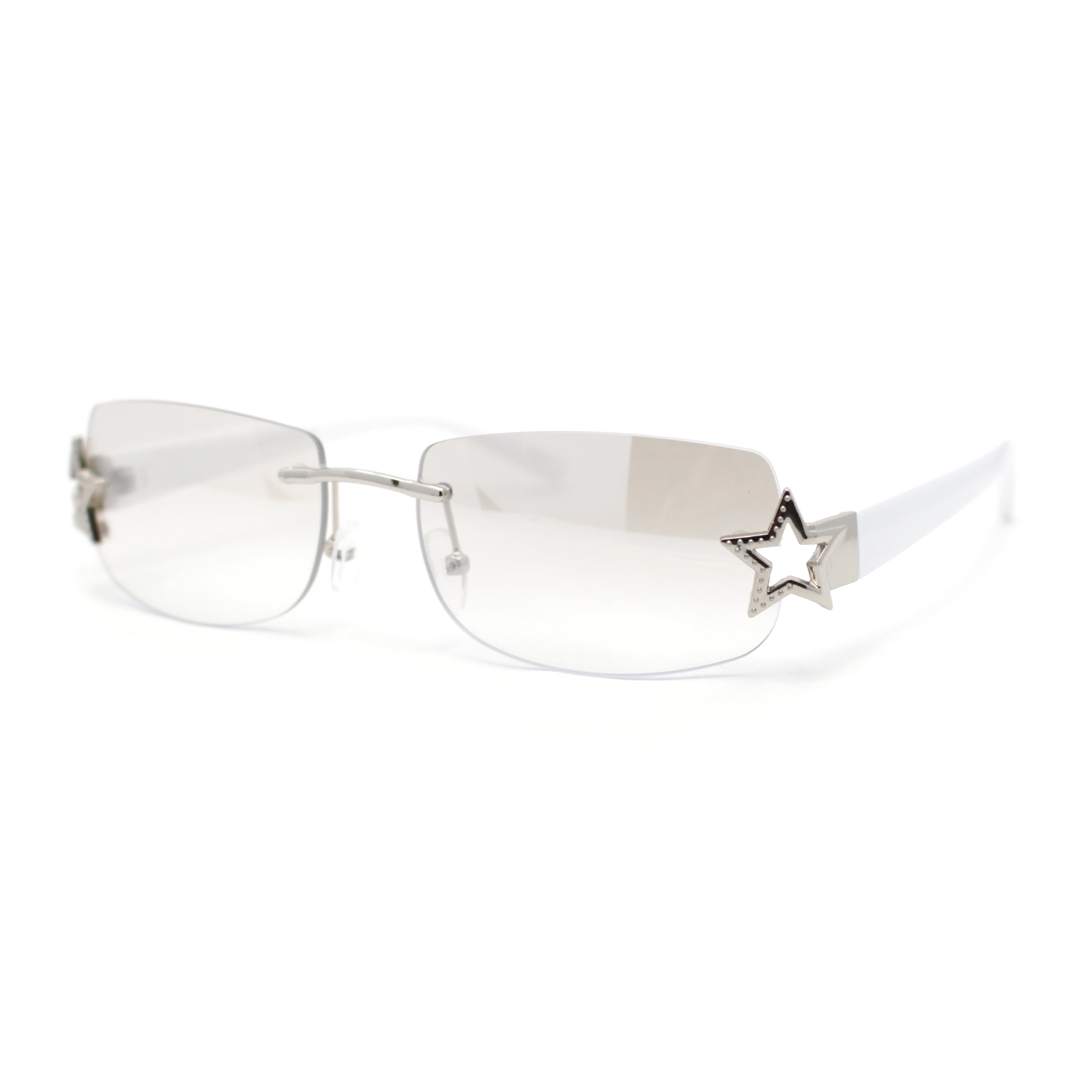 Womens Rhinestone Star Jewel Rimless Designer Sunglasses Silver White ...