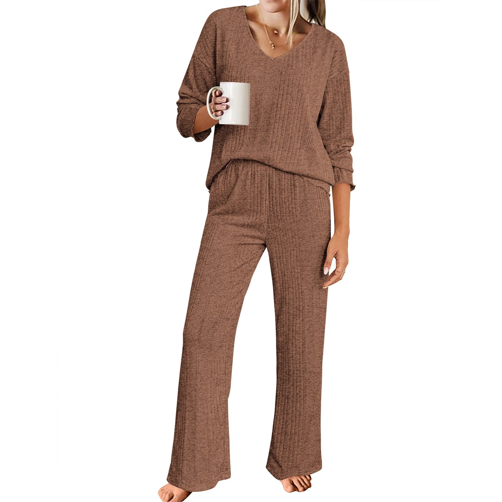 Womens Ribbed Knit Pajamas Set V Neck Long Sleeve Pj Set Matching ...