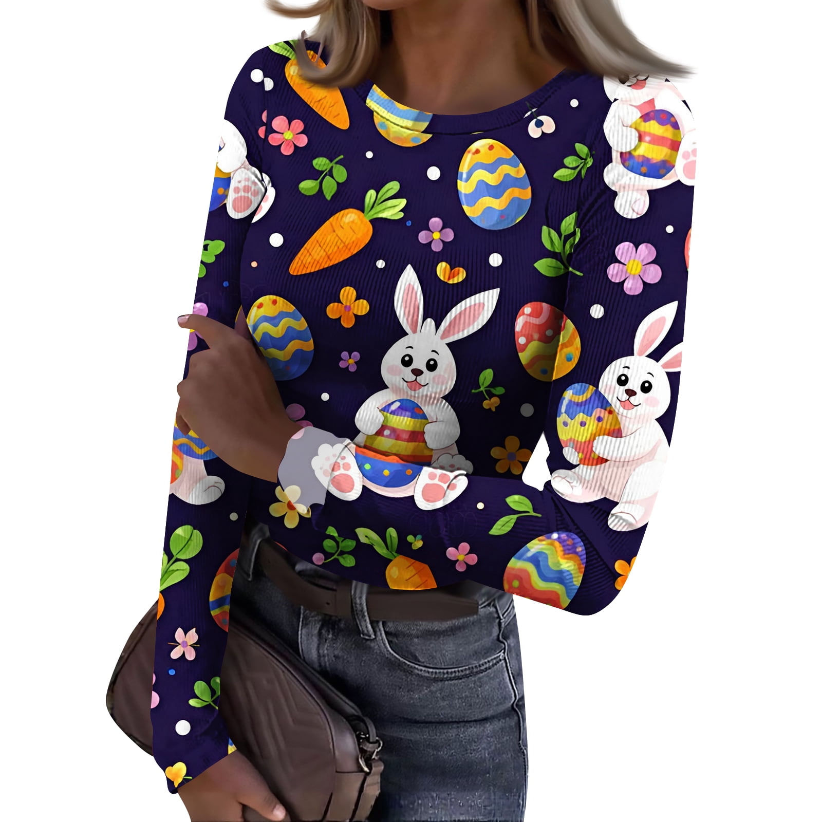 Womens Ribbed Knit Shirts Stretch Easter Long Sleeve Slim Fit Easter ...