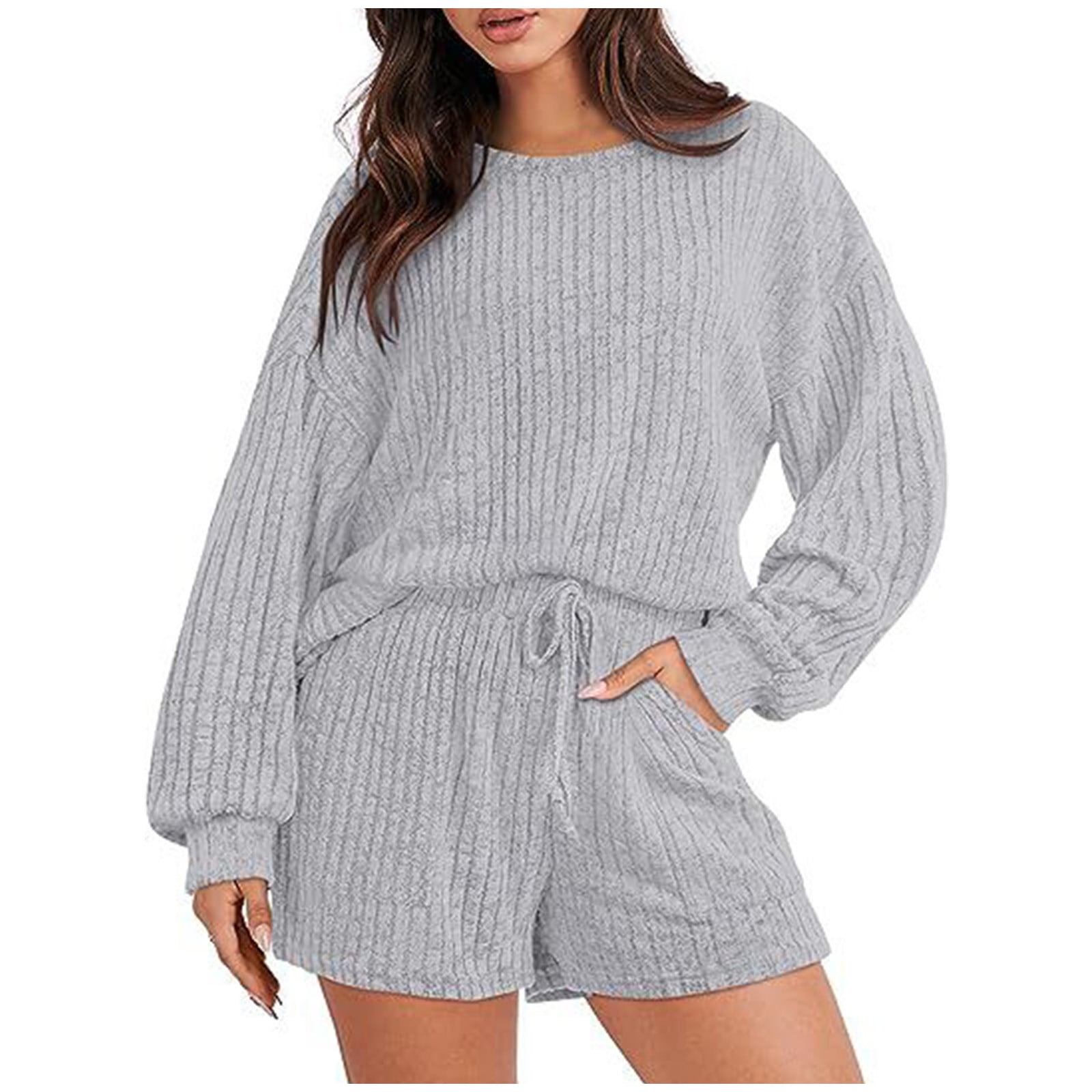 Womens Ribbed Knit Sweater Sets, Loose Crewneck Plain Sweatshirt and ...