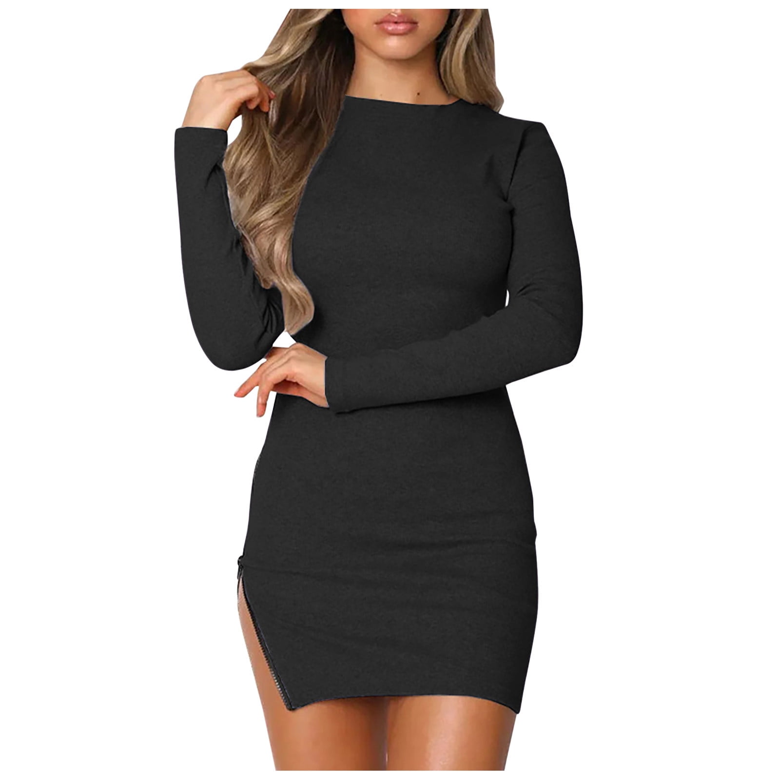 Womens Ribbed Long Leeve Tight Mini Dress Crewneck Solid Side Zipper ...