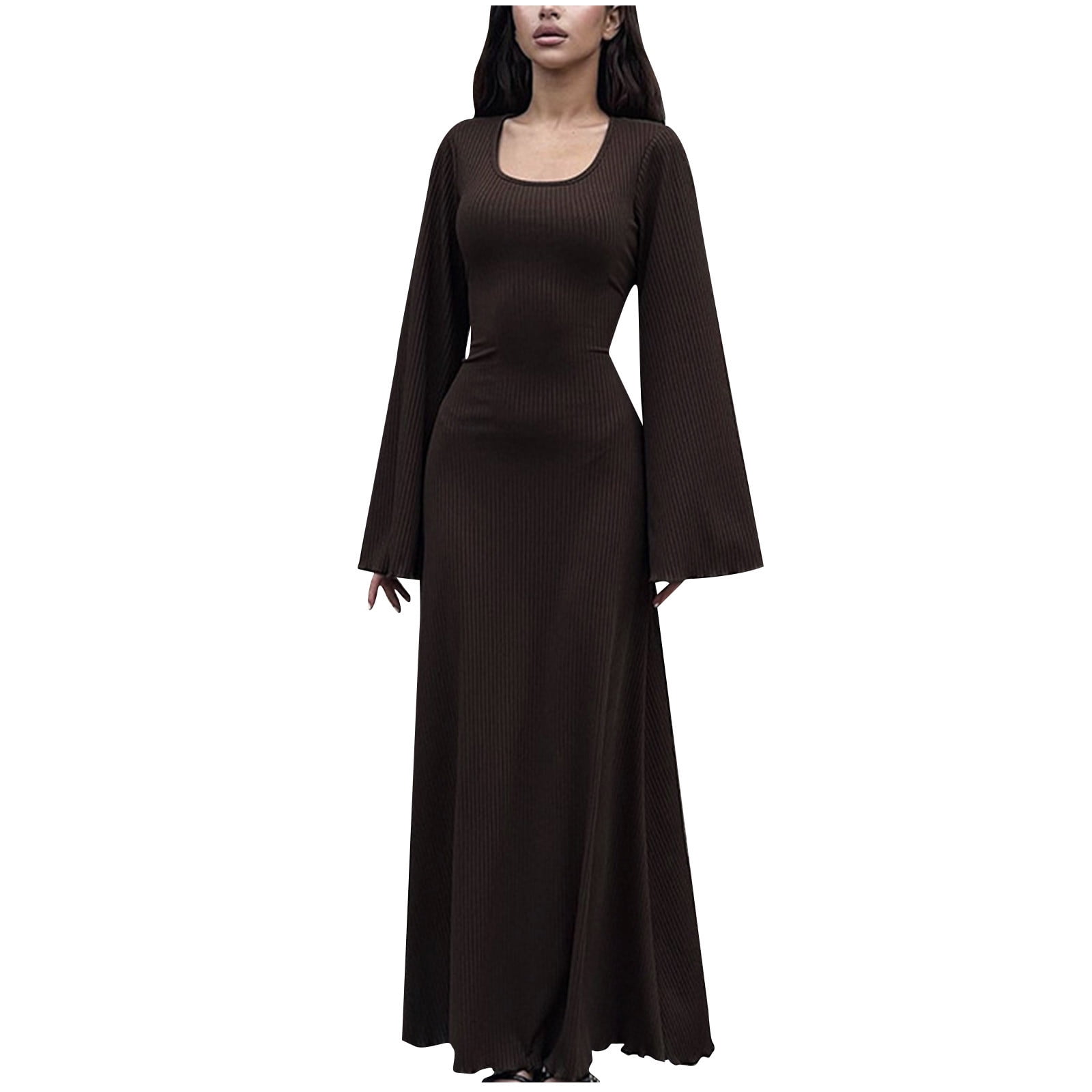 Womens Ribbed Long Sleeve Bodycon Maxi Dresses Scoop Neck Casual Soft ...