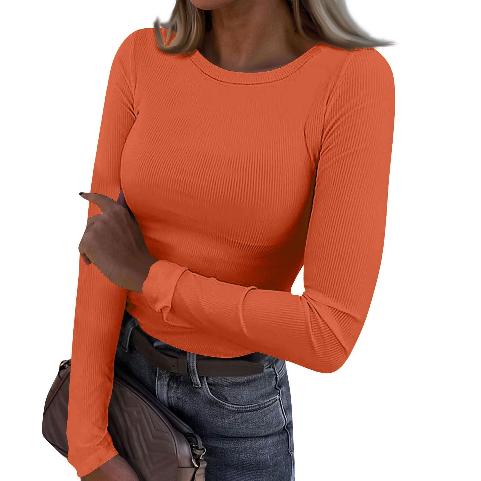 Womens Ribbed Long Sleeve Shirts Slim Fit Stretch Crewneck Basic Casual ...