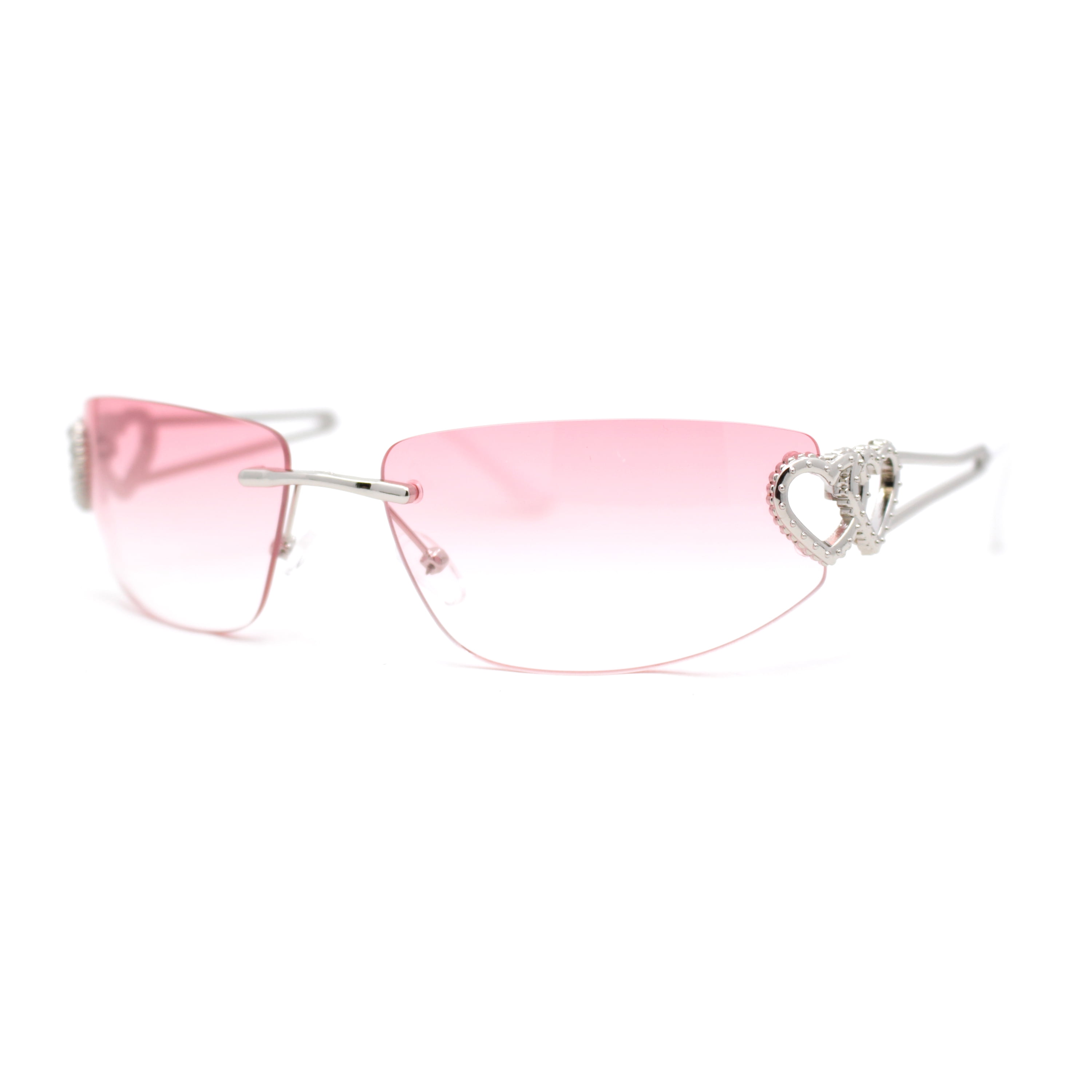 Womens Rimless Wrap Heart Jewel Hinge Luxury Designer Sunglasses Silver ...