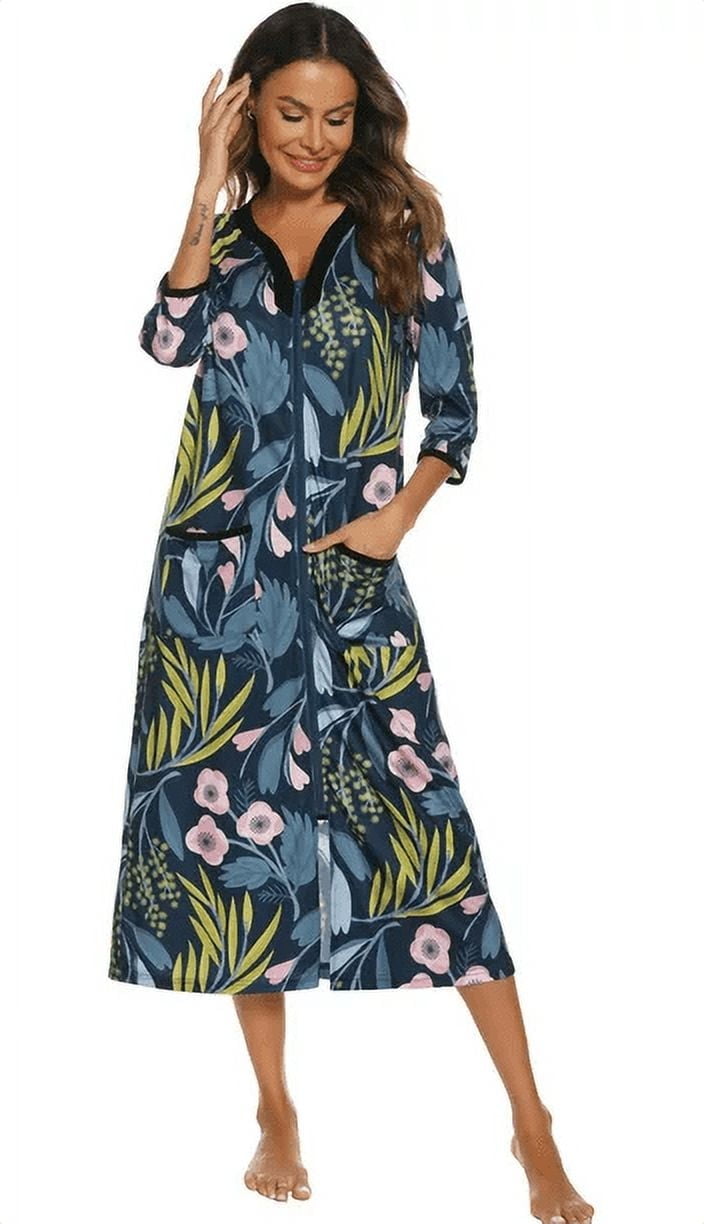AMITOFO Women's Zipper Front Summer Robe, 3/4 Sleeve, Plus Size ...