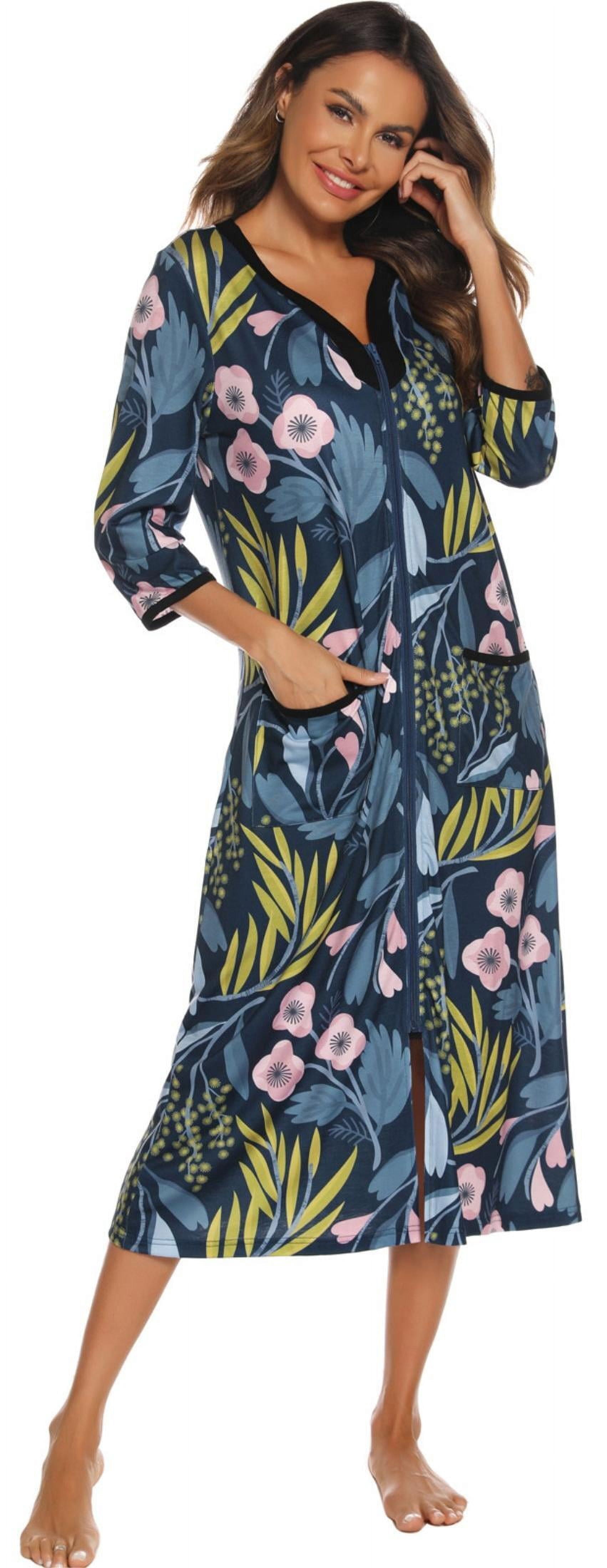 LOFIR Floral Cotton Housecoats for Women, Zippered Front, Lightweight ...