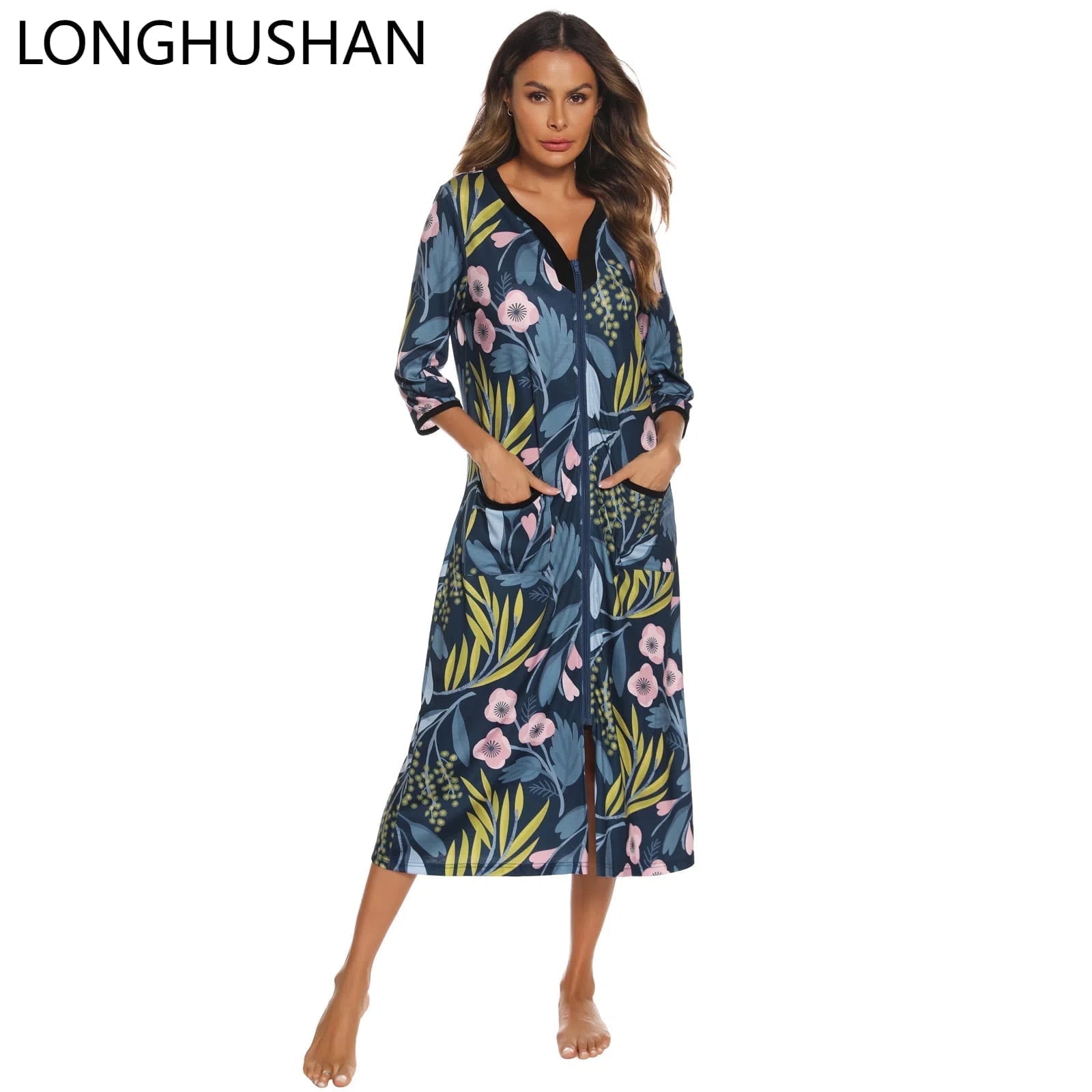 LONGHUSHAN Women's Lightweight Summer Robe, Zipper Front, 3/4 Sleeve ...