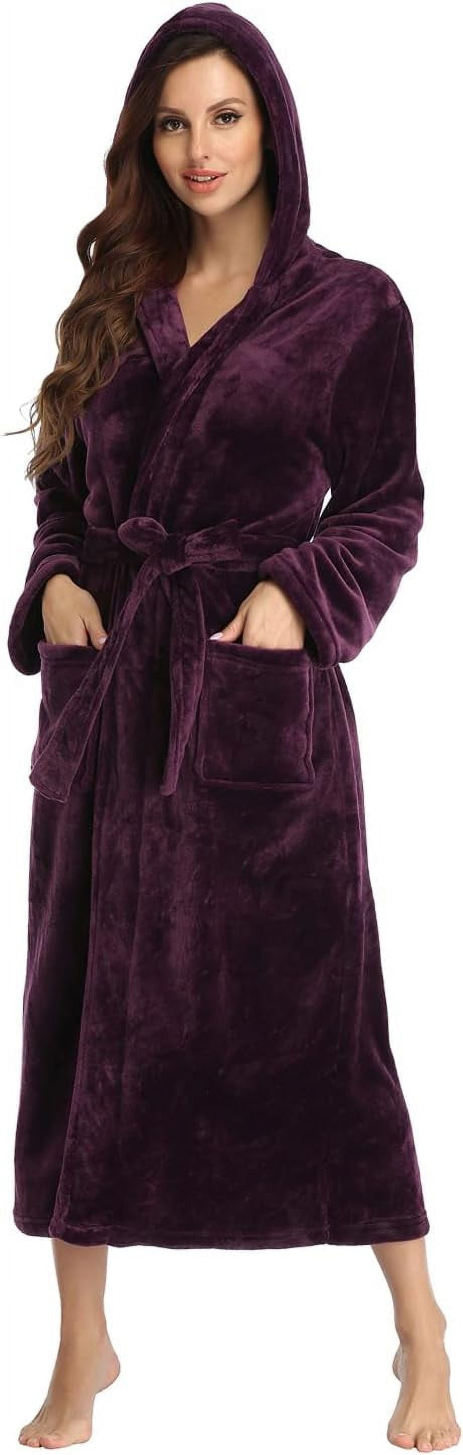 Womens Robes Plush Fleece Hooded Bathrobe Thick Nightgown with Pockets ...