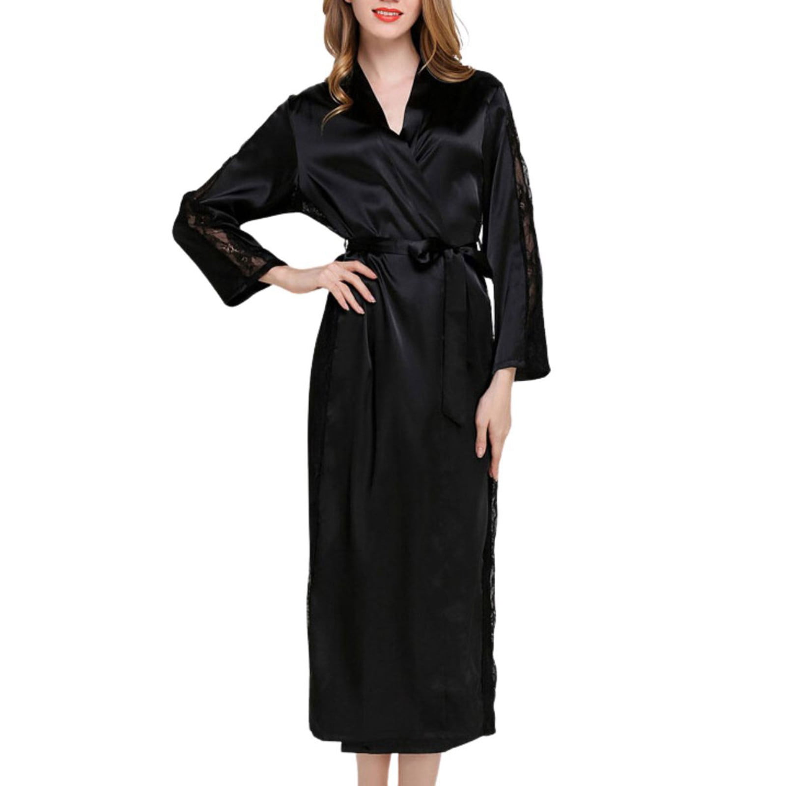 Womens Robes Satin Silk Sleep Long Bathrobe Nightgowns With Belt ...