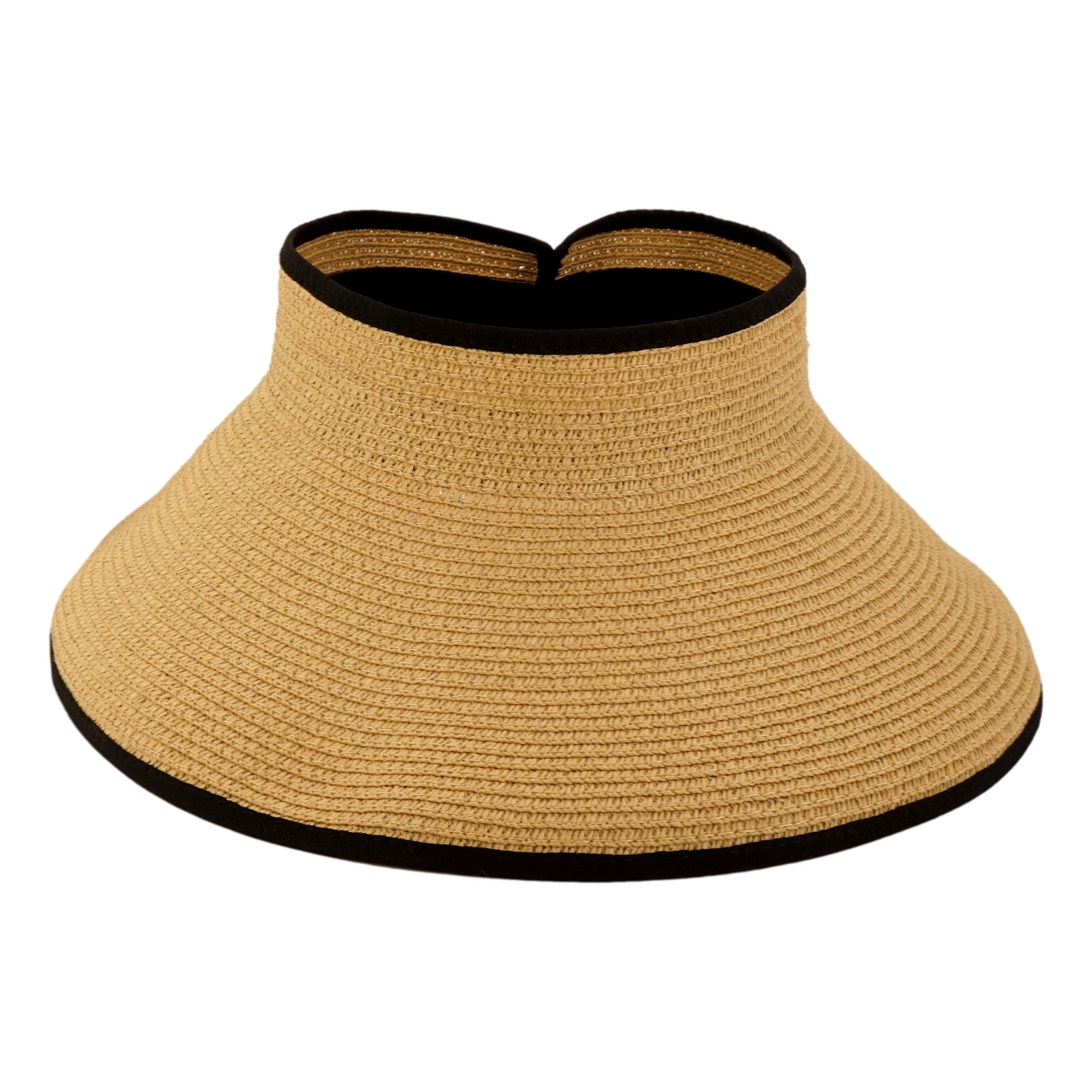 Womens Roll Up Wide Brim Sun Visor (Straw, Tan with Black Trim) Summer ...