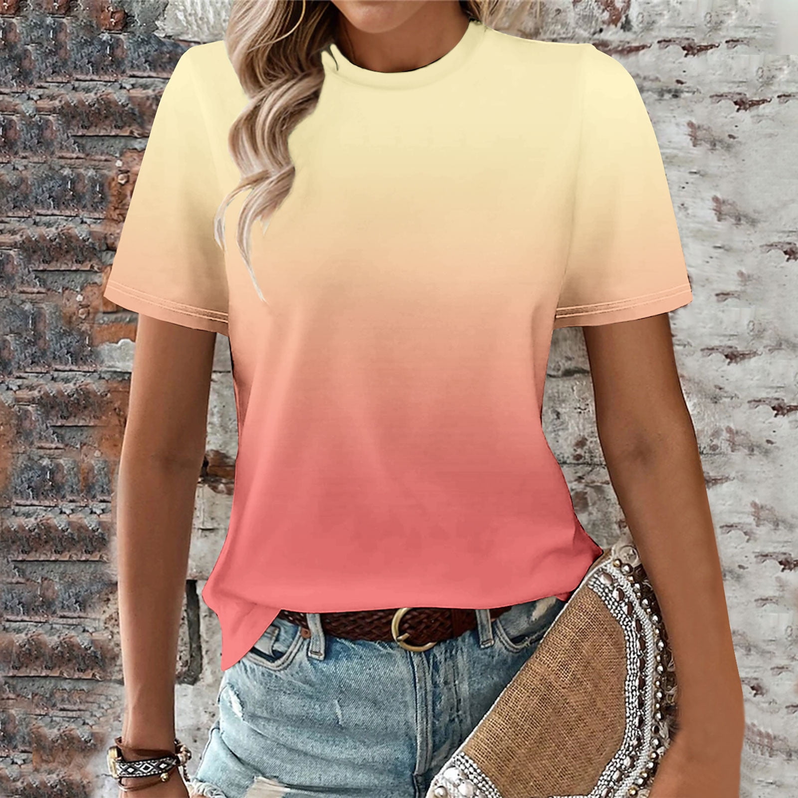 Womens Round Neck Short Sleeve Cute T Shirts Gradient Color Summer Tops ...