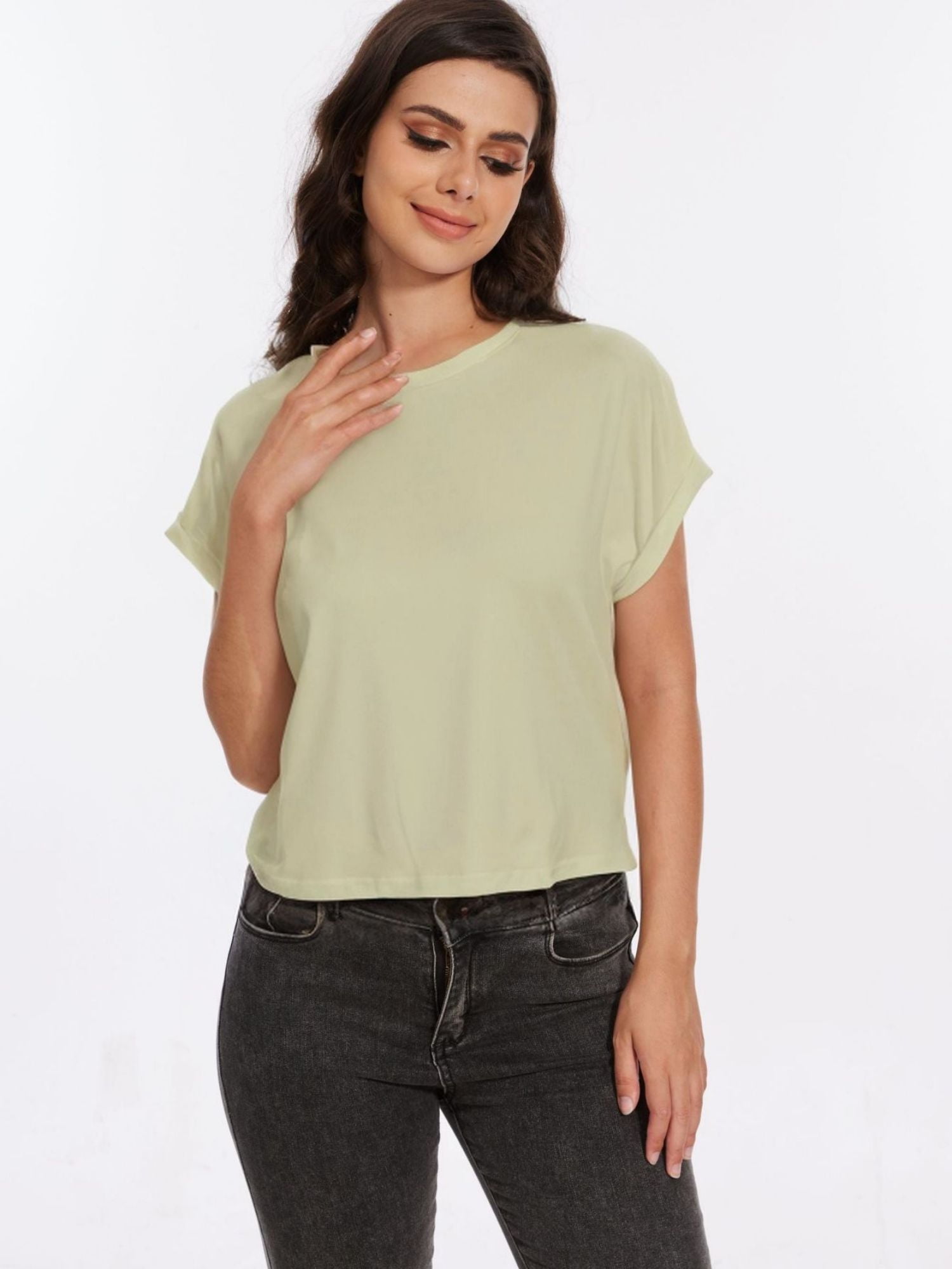 Womens Short Sleeve Cropped T-shirts Summer Rolled Dolman Sleeve Crop ...