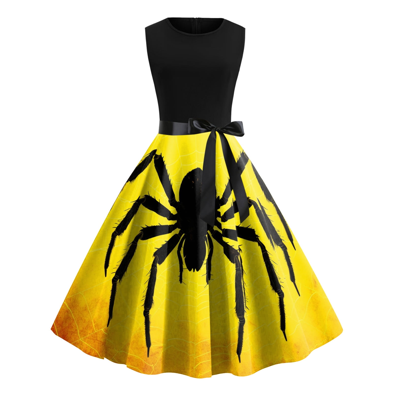Womens Round Neck Sleeveless Print Vintage Swing Dress Prom Party Dress