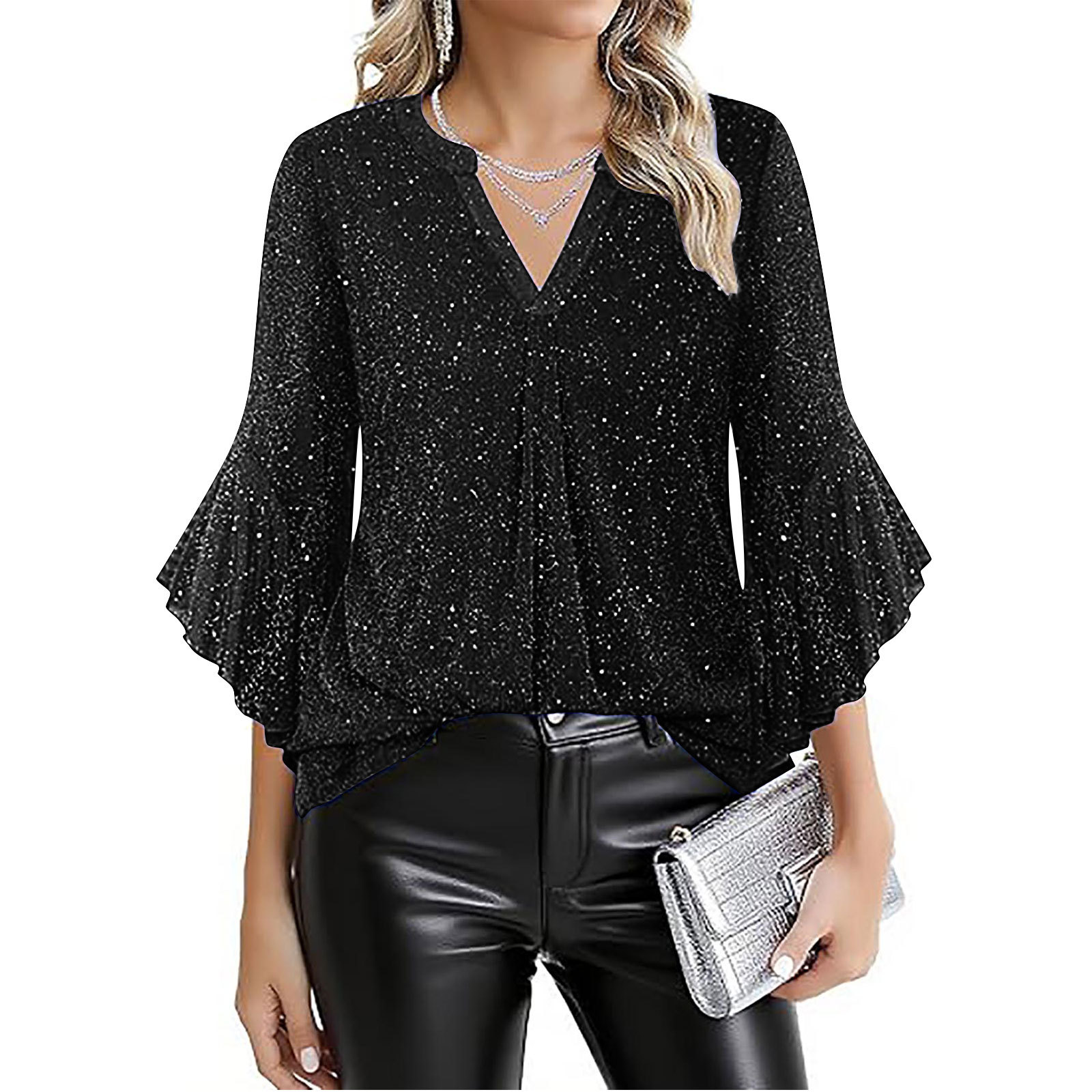 Womens Ruffle 3/4 Sleeve Sparkly Tops Sequin V Neck Blouses Dressy ...