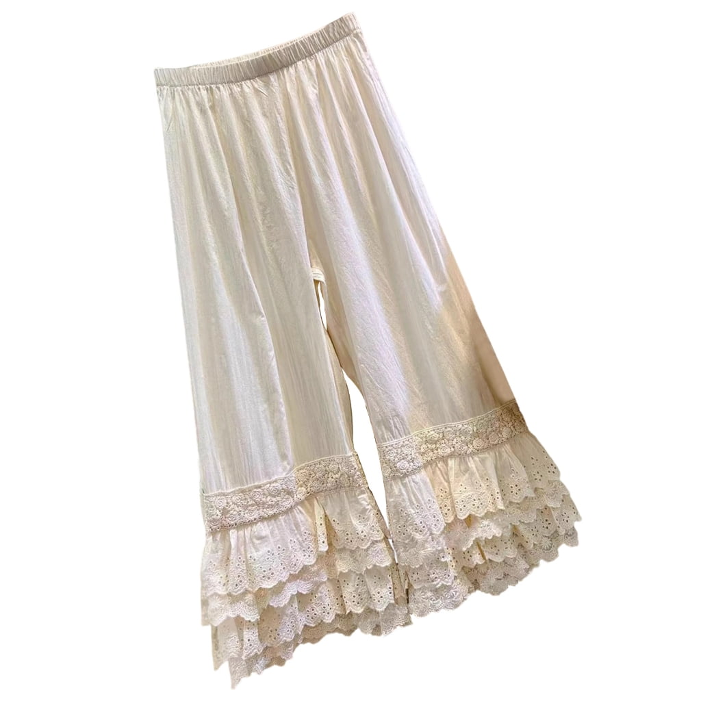 Womens Ruffle Lace Trim Long Bloomers Elastic Waist Cotton Wide Leg ...