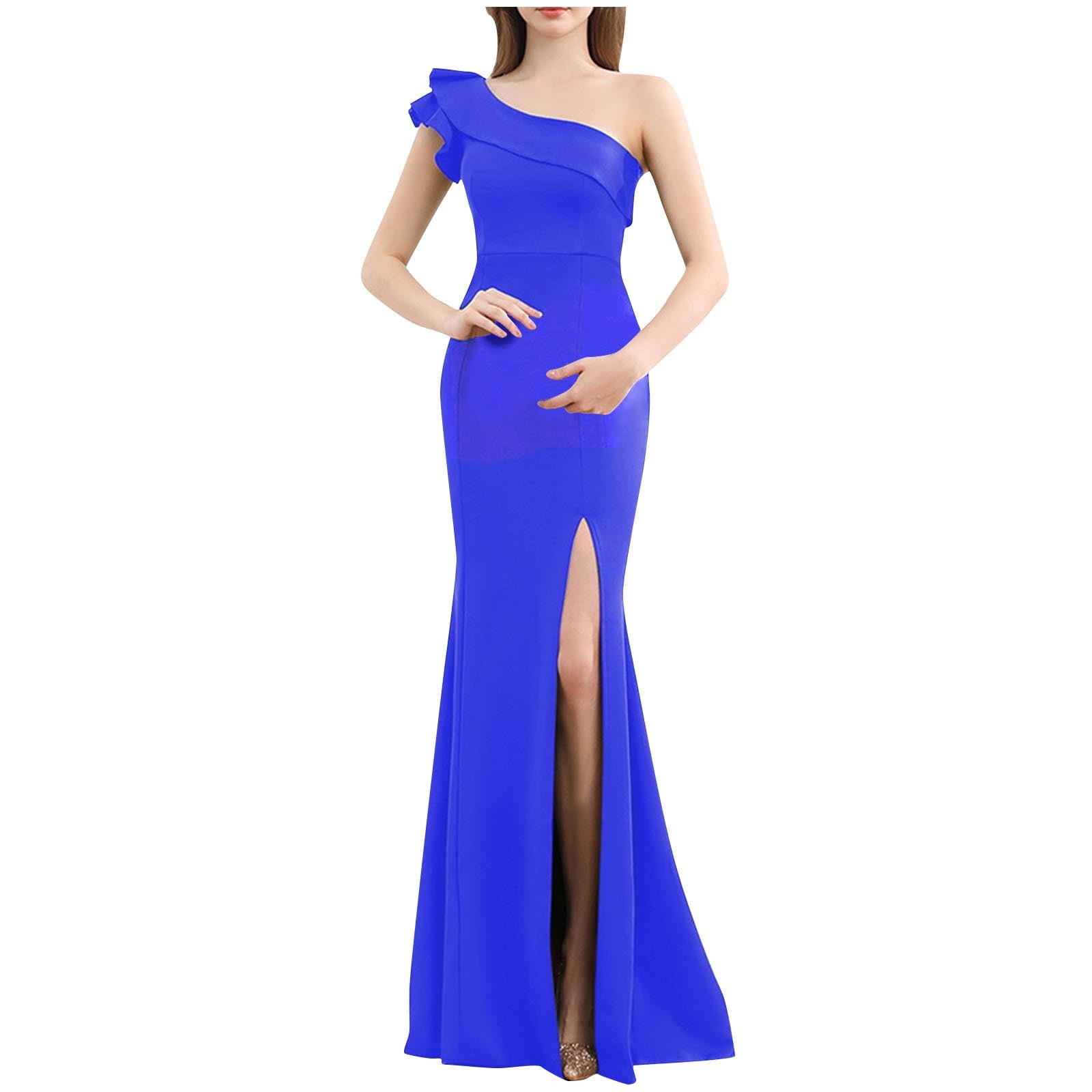 Womens Ruffle One Shoulder Evening Gown Dress High Split Long Formal ...