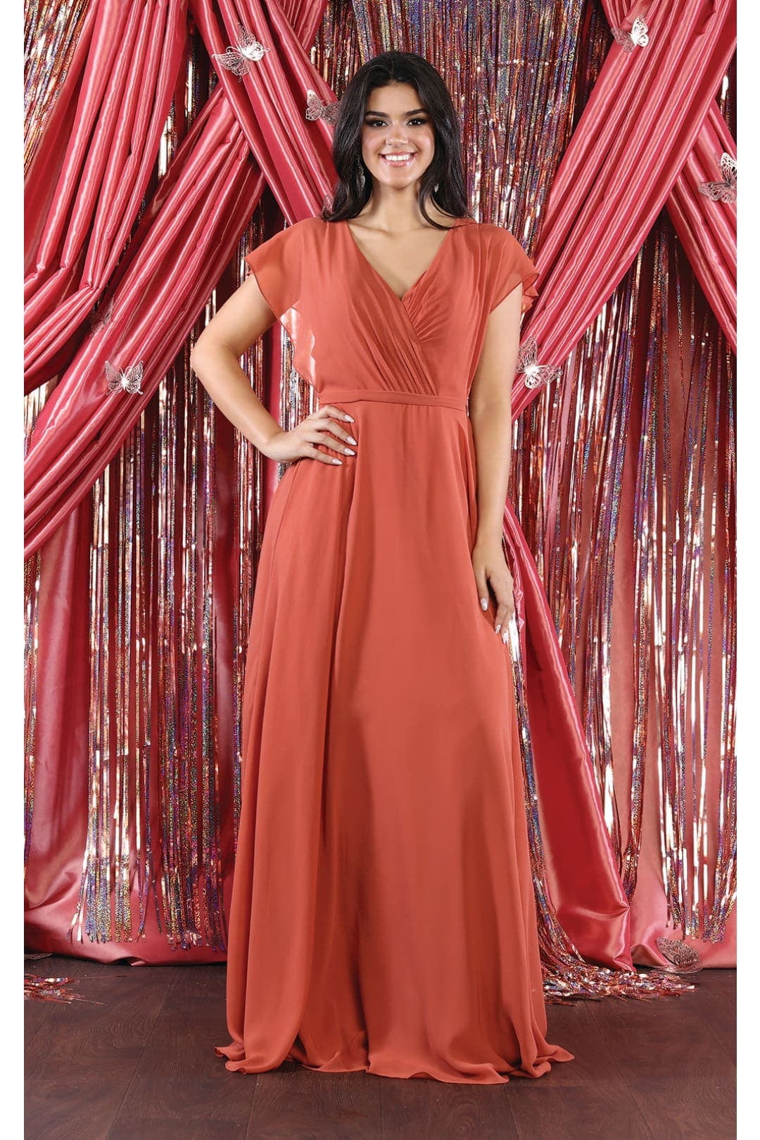 Womens Rust Formal Mother Of The Bride Long V Neck Short Sleeve Sheath ...