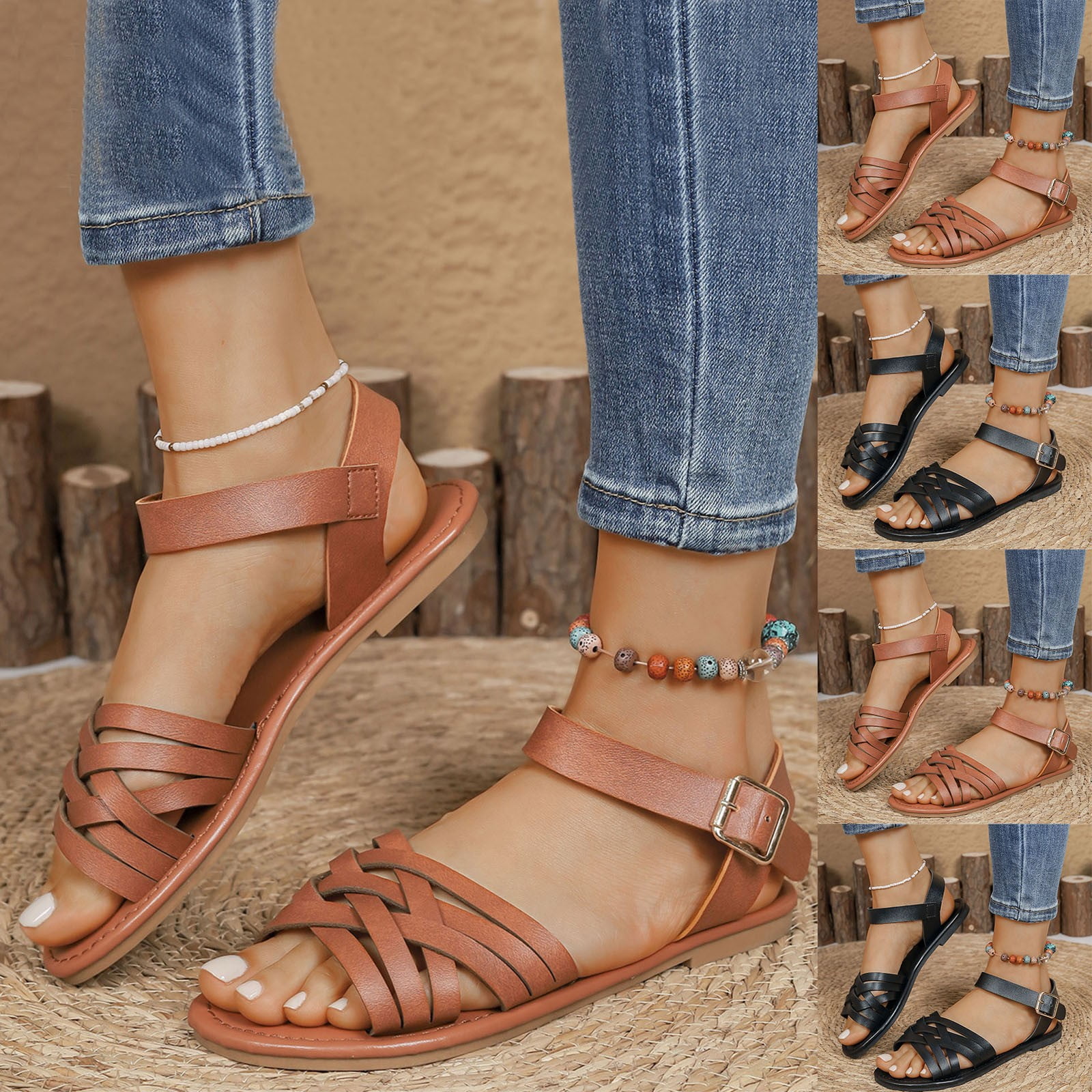 Womens Sandals Flat Heel Open Toe Boho Slipper Casual Summer Shoes