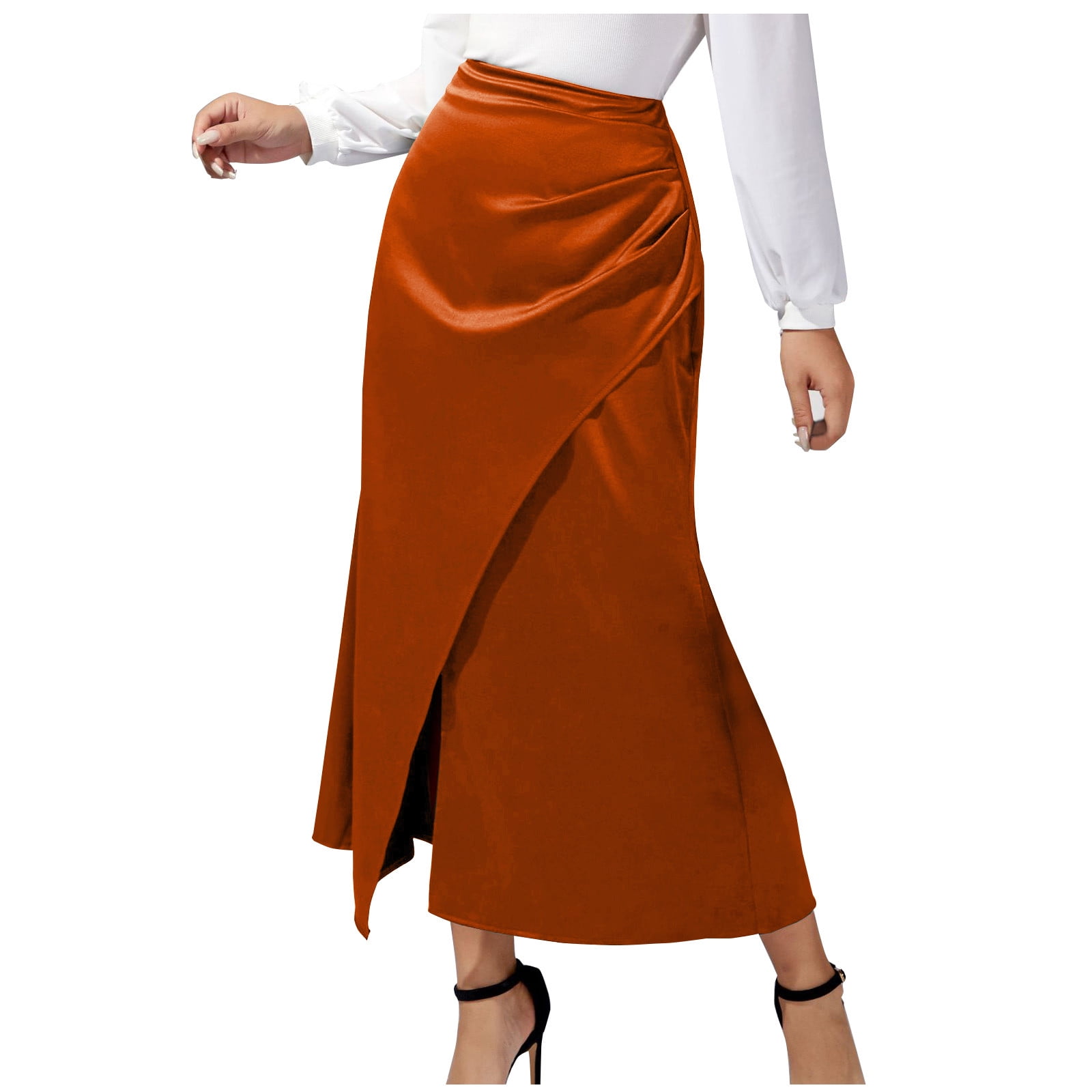 Womens Satin Elegant Wrap Midi Skirt Skily Asymmetrical Split Slit ...