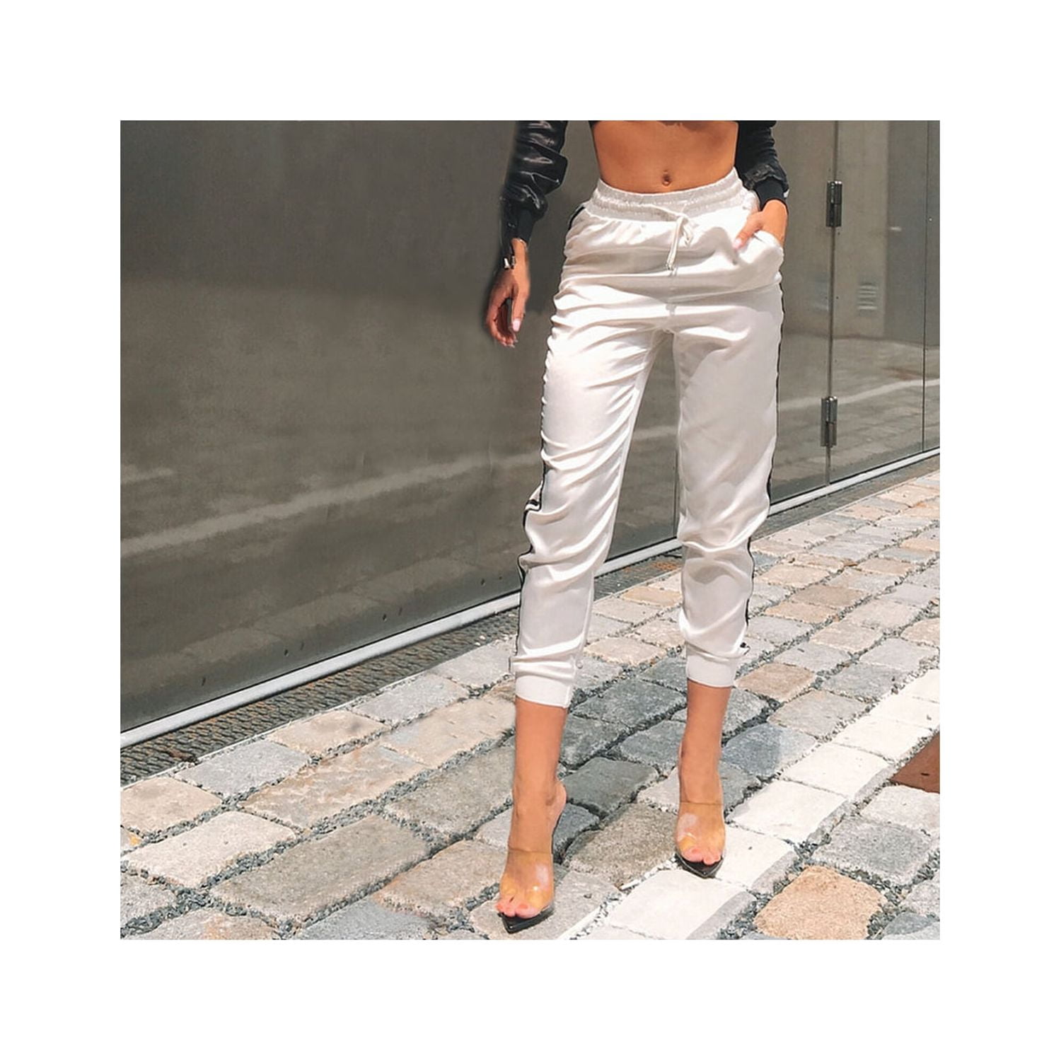 Women's Satin Lounge Capri Pants, Side Stripe, Elastic Waist with ...