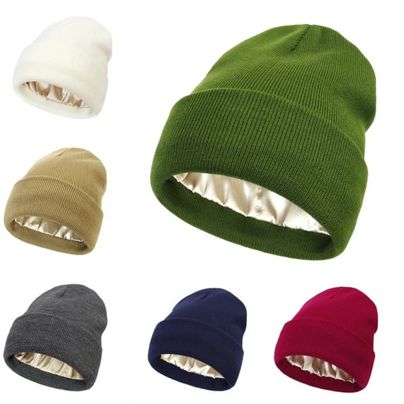 Womens Satin Lined Beanie Winter Hats Cable Knit Cuffed Beanie for ...