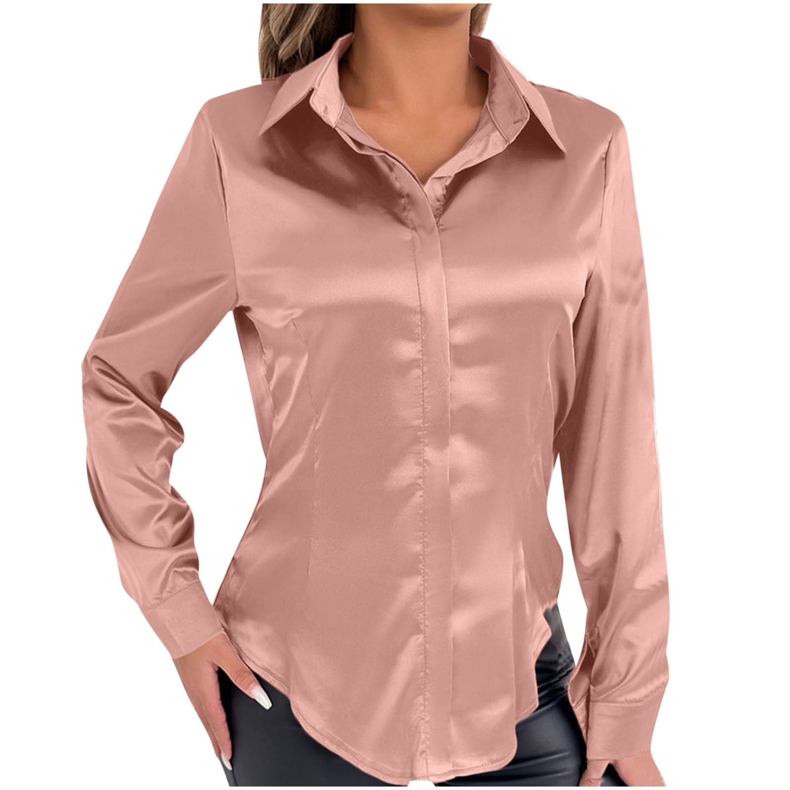 Womens Satin Long Sleeve Work Shirts Button Down Business Office Tops ...