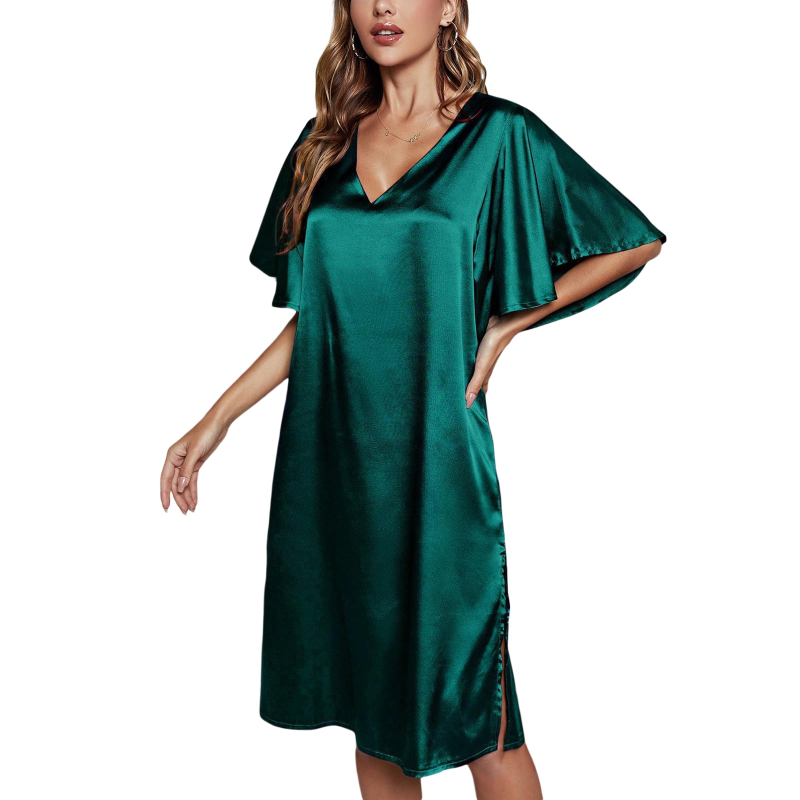 Womens Satin Nightgown Sleep Shirt Short Sleeve V-Neck Nightgowns ...