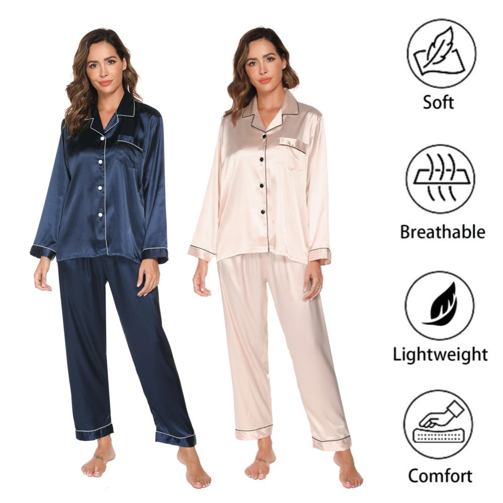Womens Satin Pajama Sets Long Sleeve Silk Pajamas for Women Soft Button ...