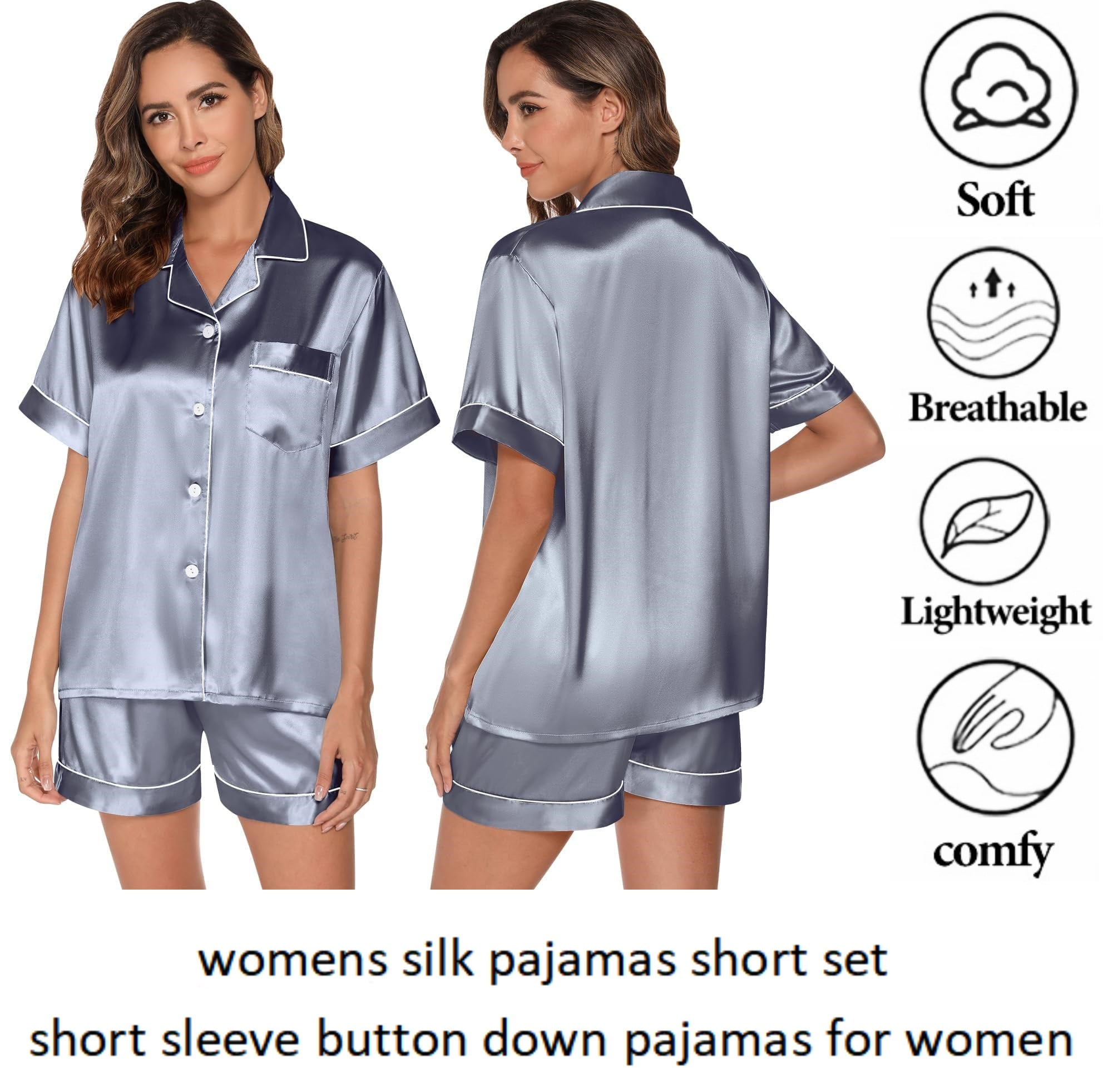 Womens Satin Pajama Sets Short Sleeve Silk Pajamas Sets for Women ...