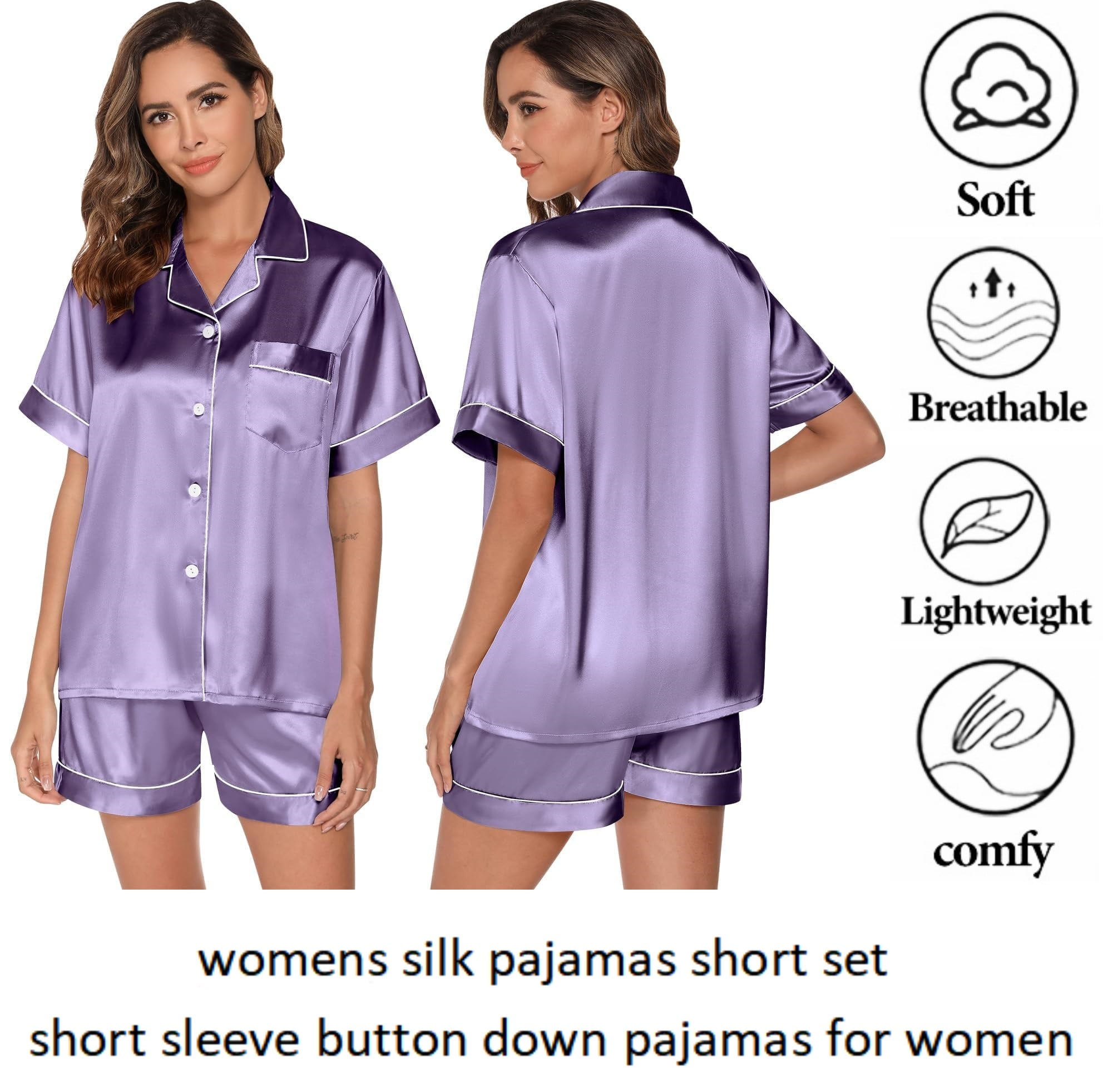 Womens Satin Pajama Sets Short Sleeve Silk Pajamas Sets for Women ...