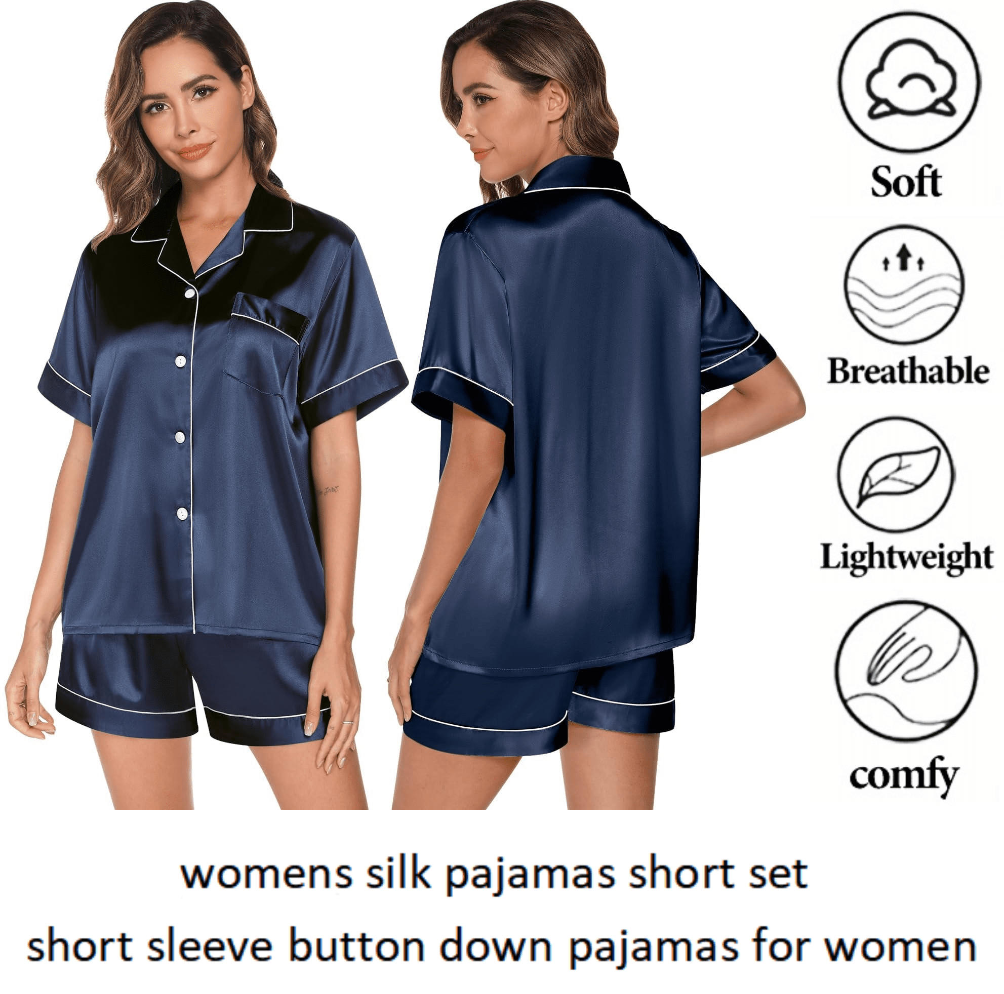 Womens Satin Pajama Sets Short Sleeve Silk Pajamas Sets for Women Button Down Sleepwear Set 2 ...