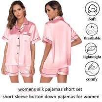 Silk Pajamas Set for Women Short Sleeve Satin Pajamas Set Silk Satin Button Down Pajamas Set Two ...
