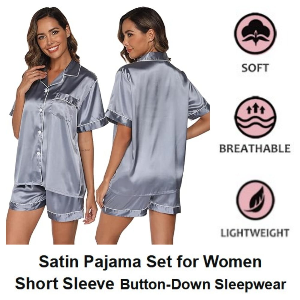 Womens Satin Pajama Sets Short Sleeve Silk Pajamas Sets for Women Button Down Sleepwear Set 2 ...