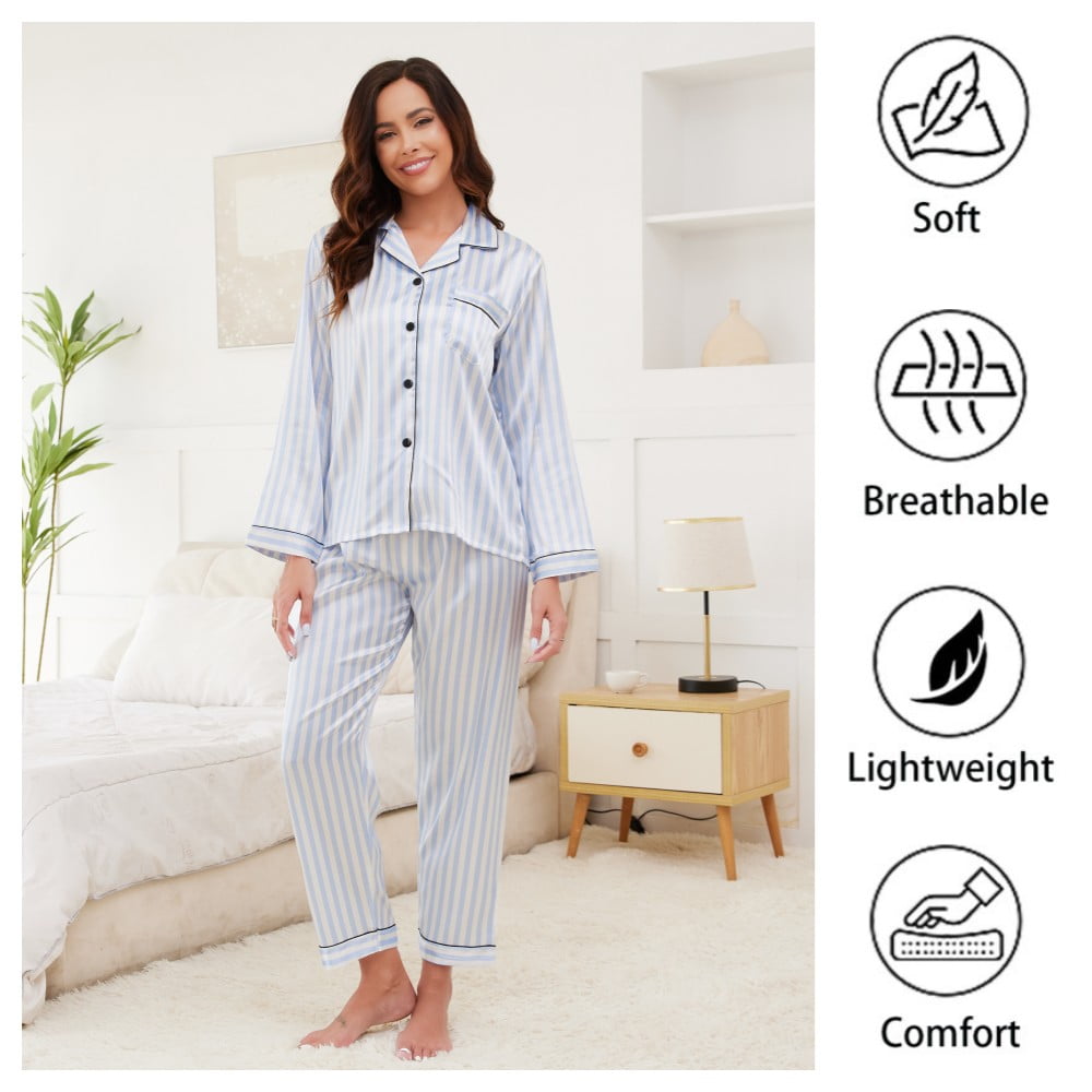 Womens Satin Pajamas Sets Long Sleeve Striped Silk Pajamas for Women 2 ...
