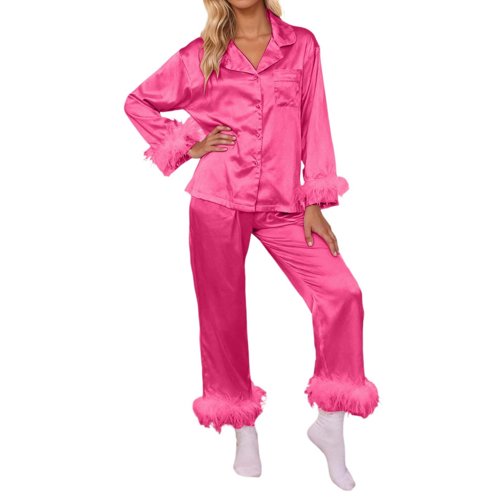 Womens Satin Pajamas Valentines Pjs Long Sleeve Feather Trim Sleepwear ...